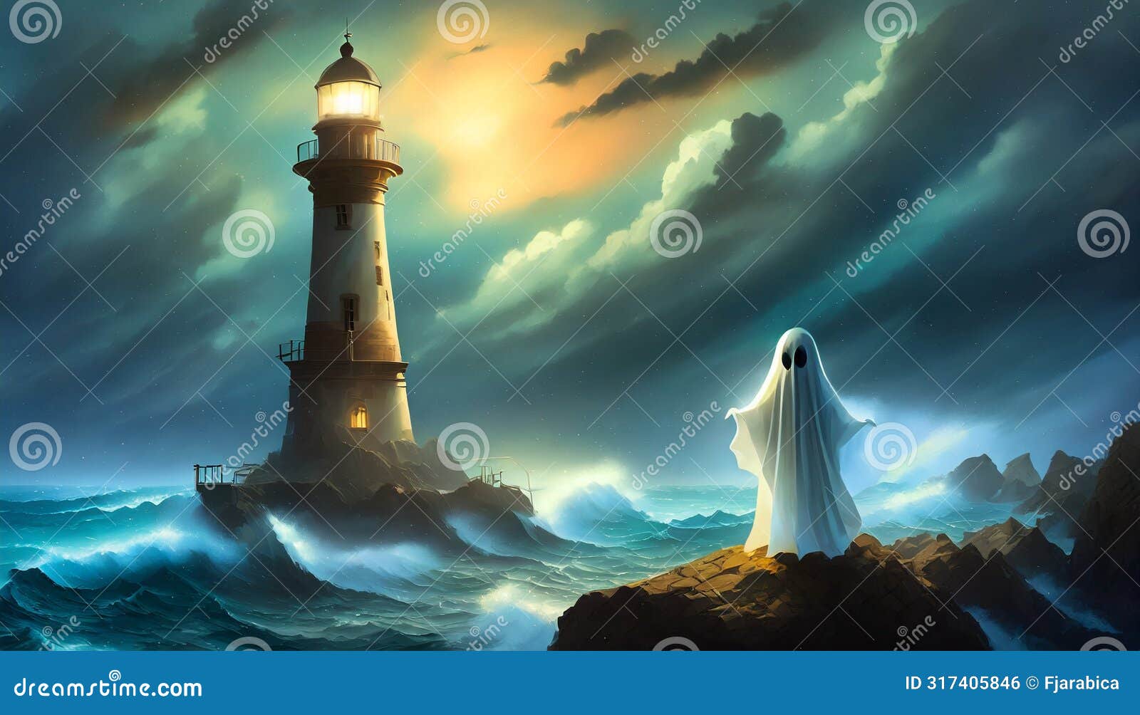 Beach Lighthouse with Ocean and Ghost Stock Illustration - Illustration ...