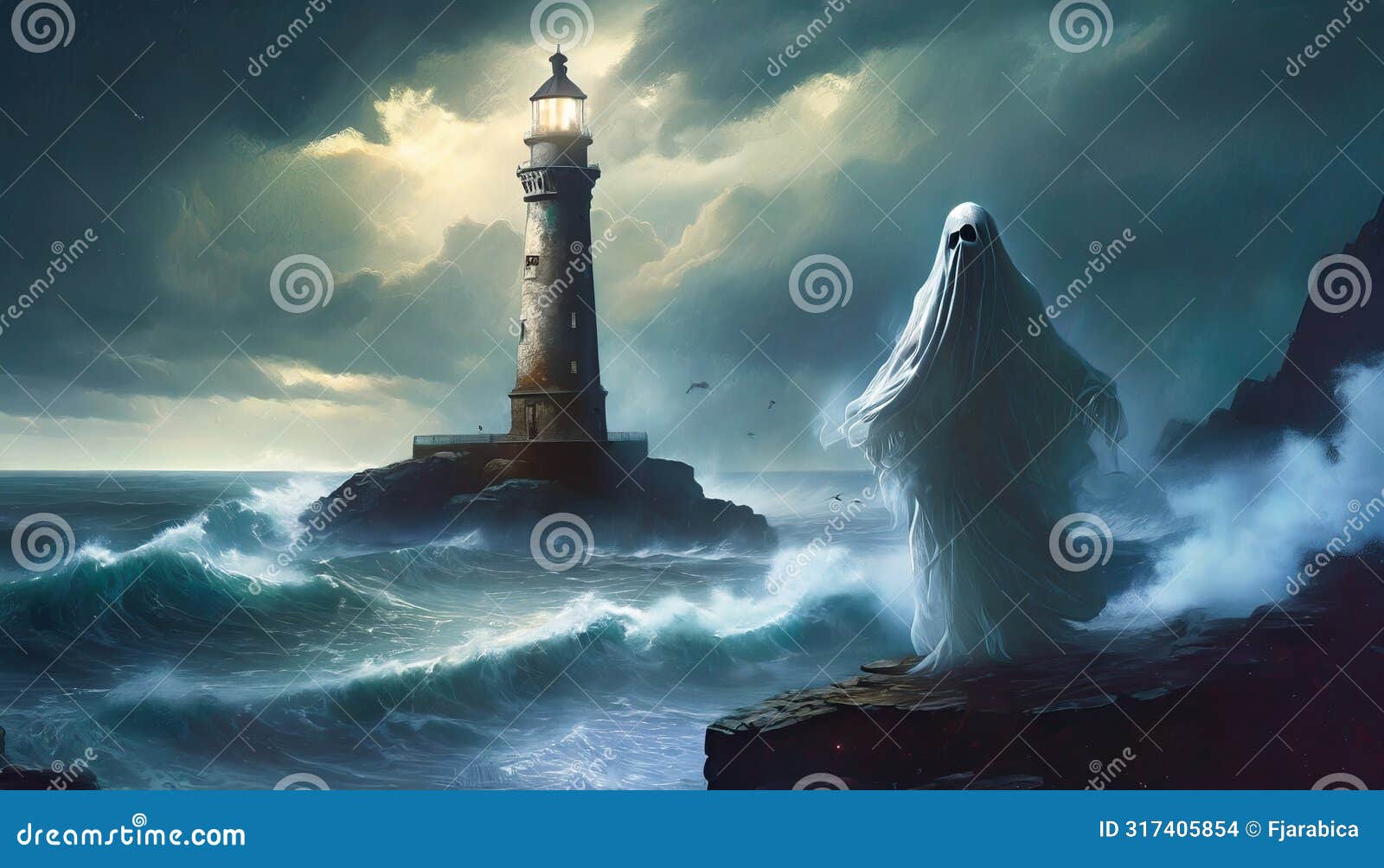 Beach Lighthouse with Ocean and Ghost Stock Illustration - Illustration ...