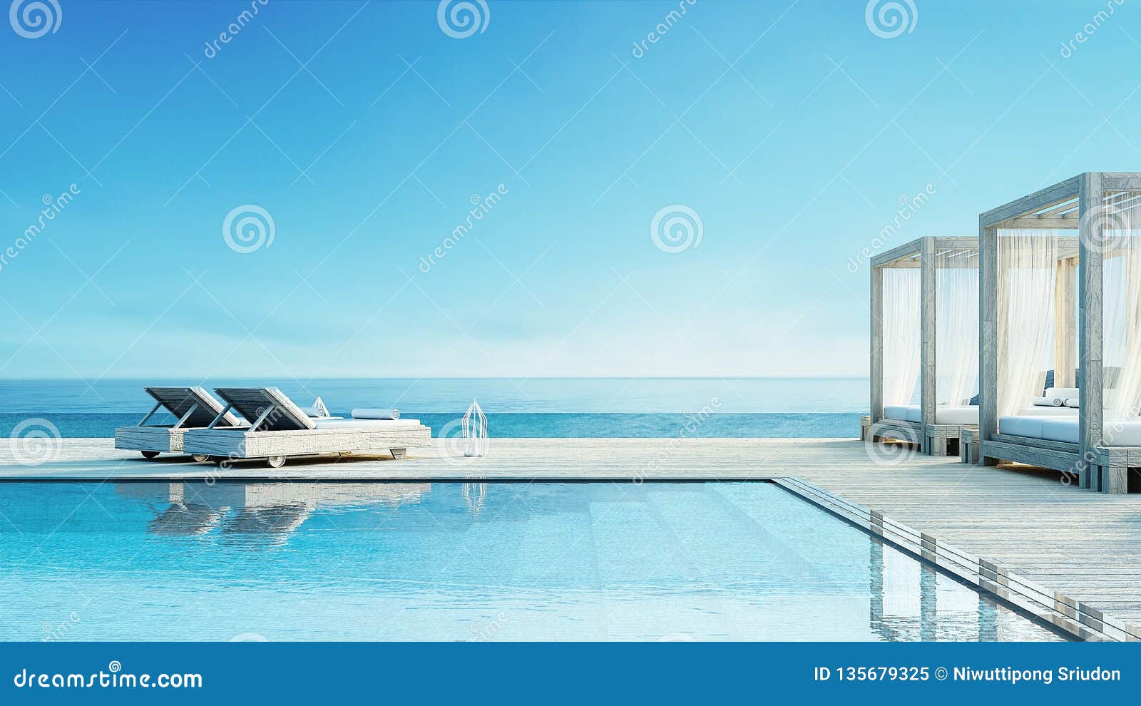 Beach Lounge With Sundeck On Sea View And Blue Sky Background-3d ...