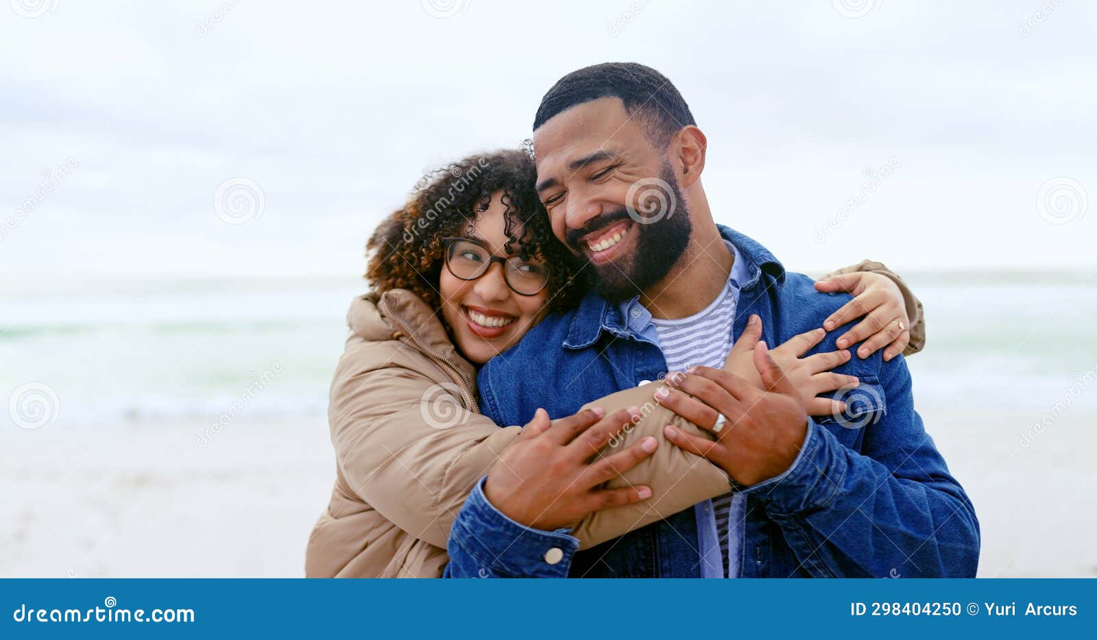 Beach Love And Happy Couple Hug Smile And Travel Together On Marriage