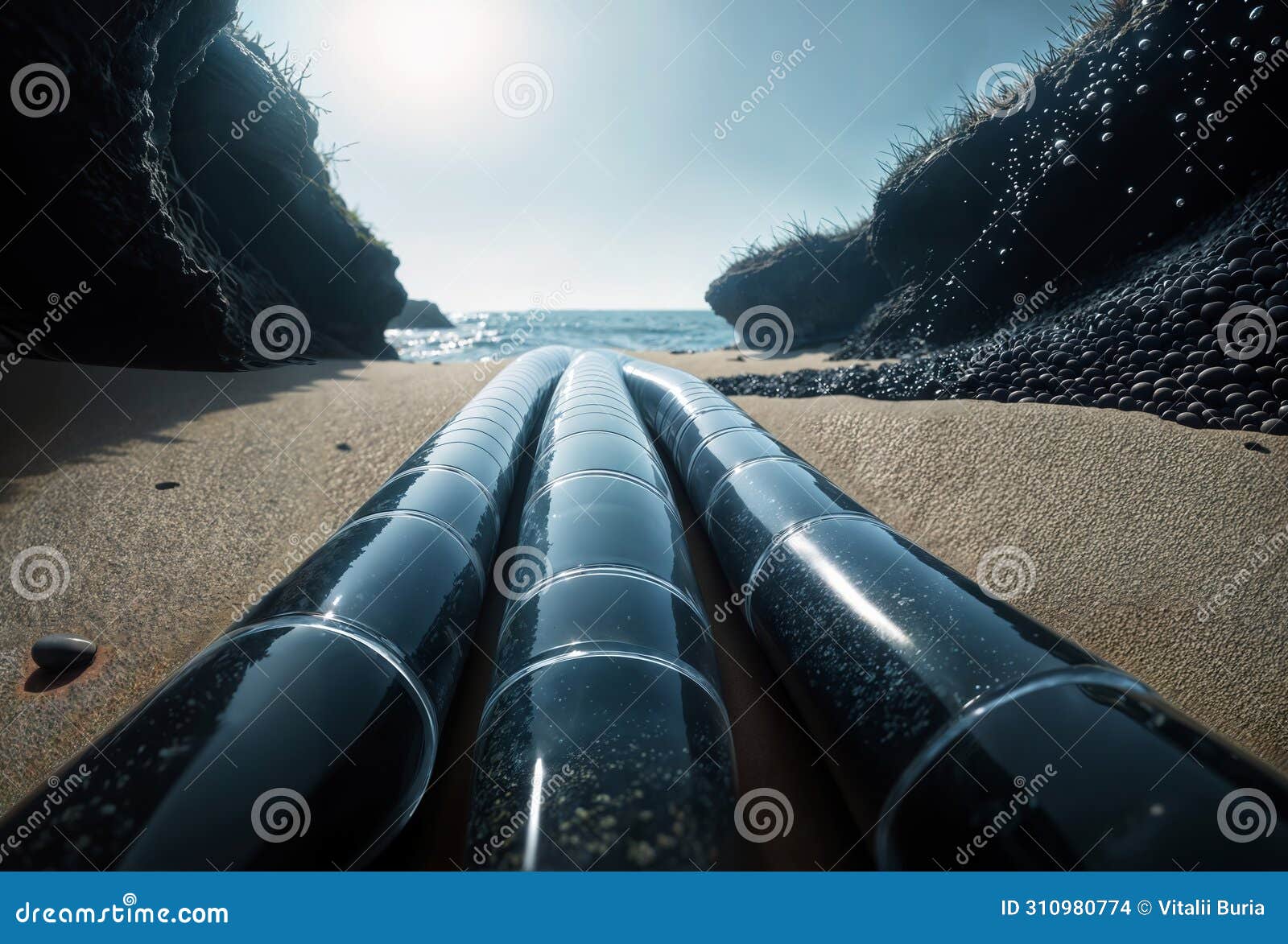 Beach with Electrical Cables, Framed by Cliffs and Ocean. Low Angle ...