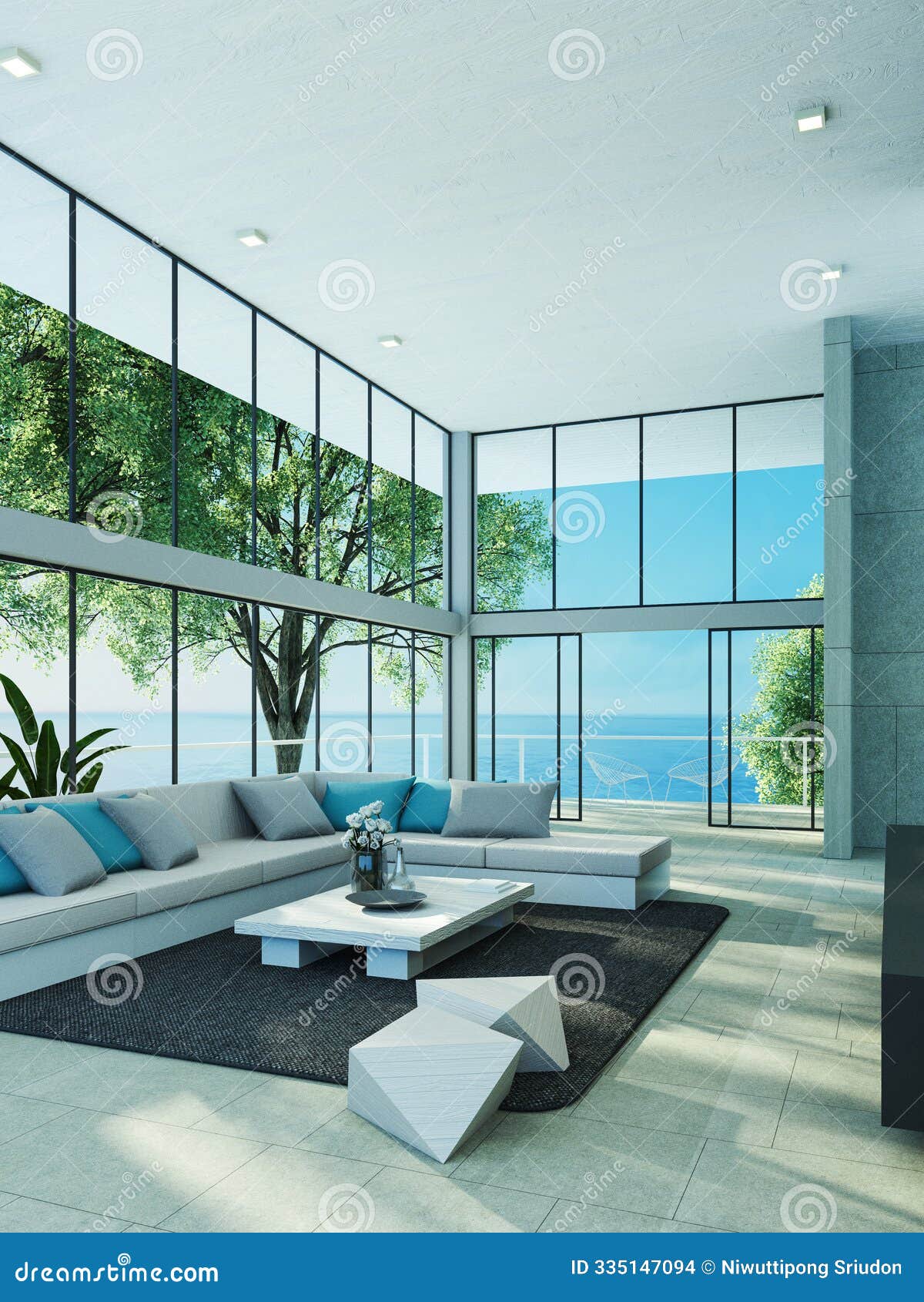 Beach Luxury Modern Interior - Ocean Front View - 3D Rendering Stock ...