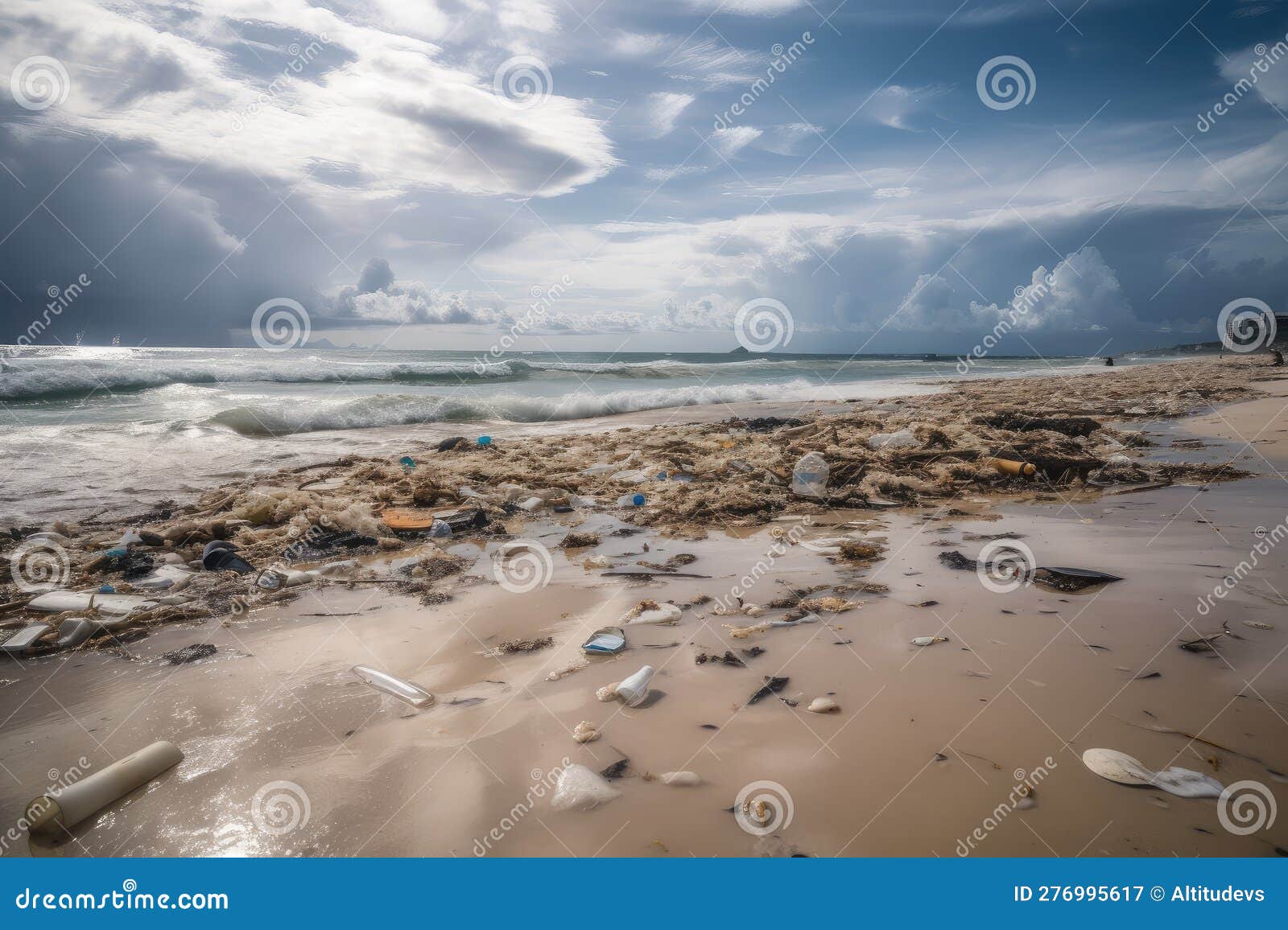 Beach with Microplastics and Garbage Floating in the Water Stock Image ...