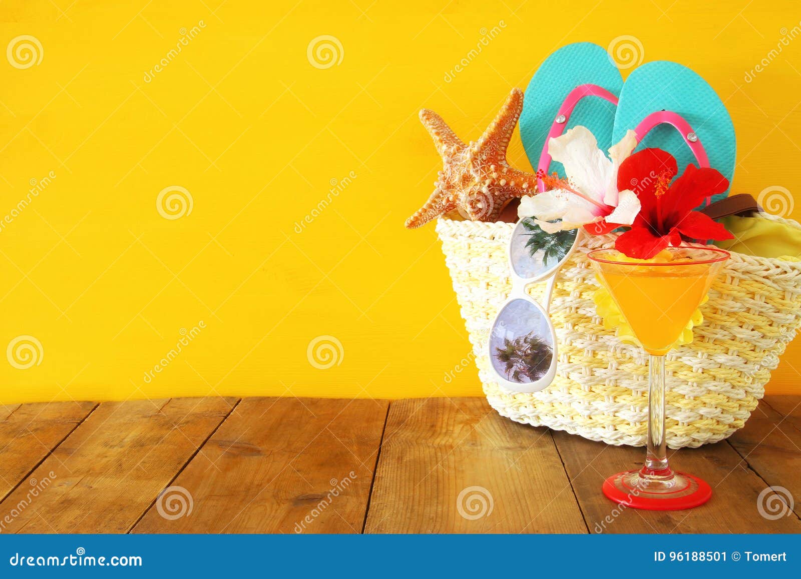 Beach Objects on Wooden Table. Summer Beach Vacation Concept Stock ...