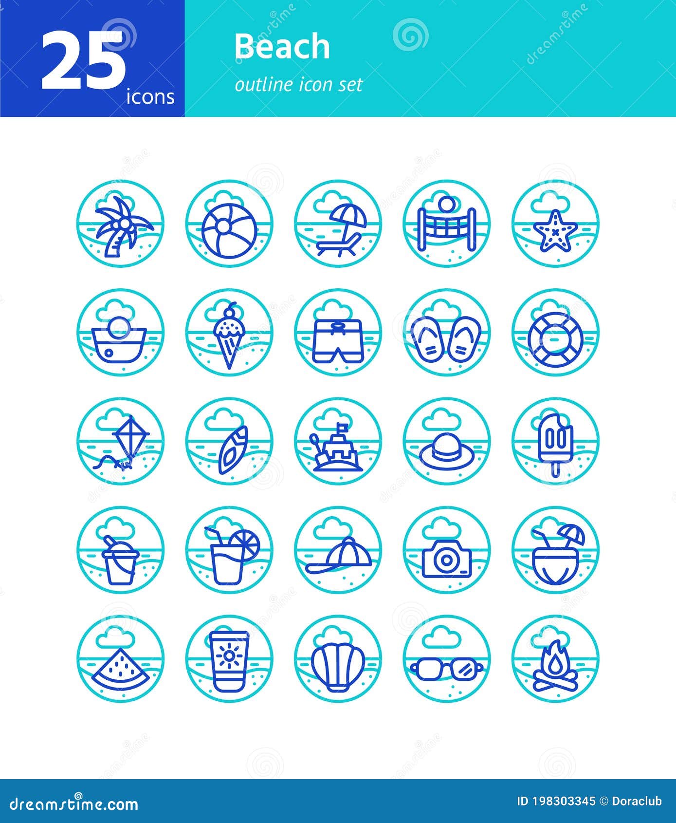 Beach outline icon set. stock vector. Illustration of shell - 198303345