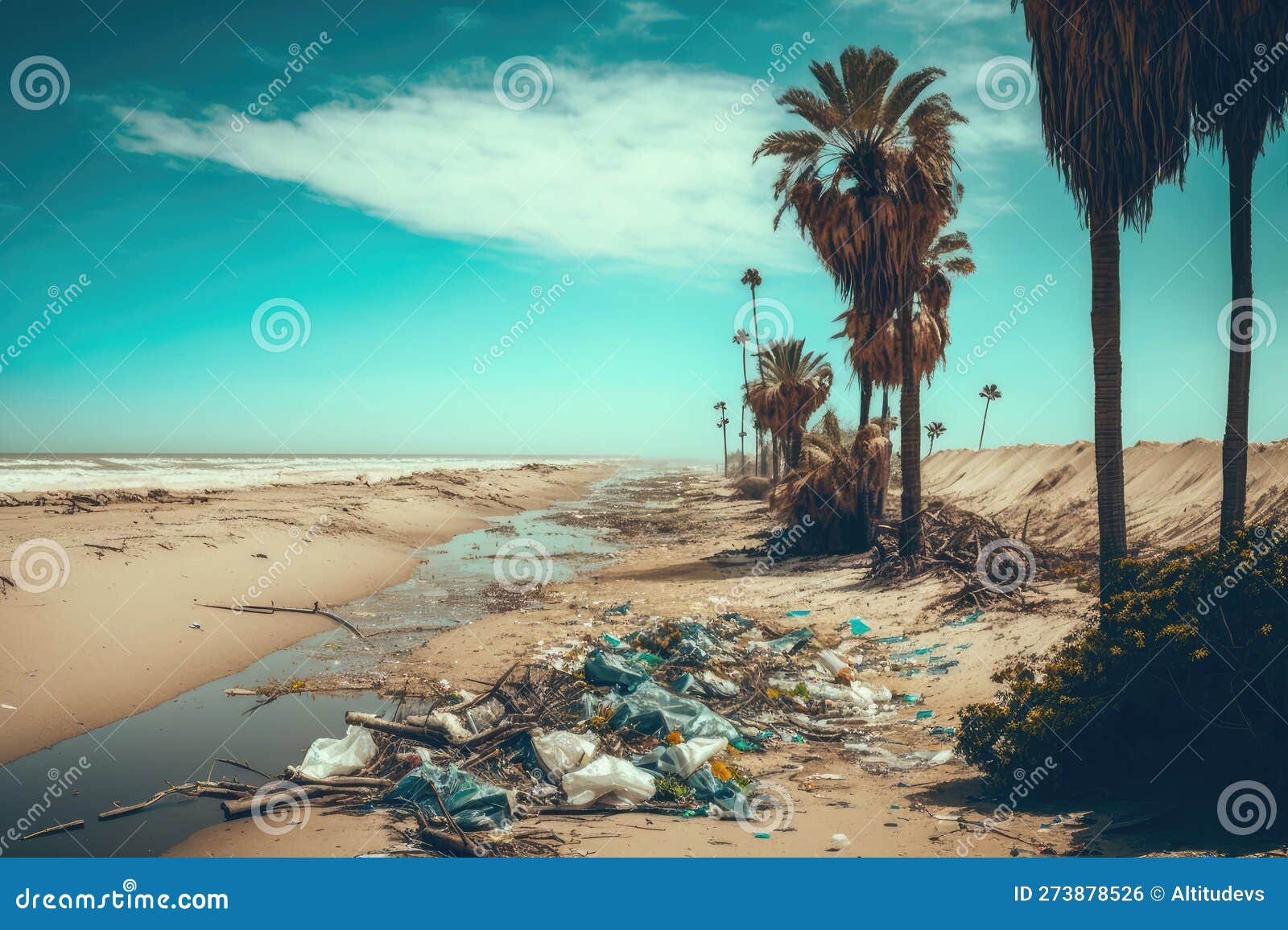 Beach with Overflowing Garbage in the Background of Palm Trees Stock ...