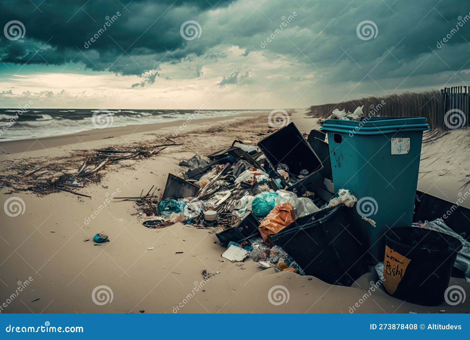 Beach with Overflowing Trash Cans and Litter Strewn about Stock ...