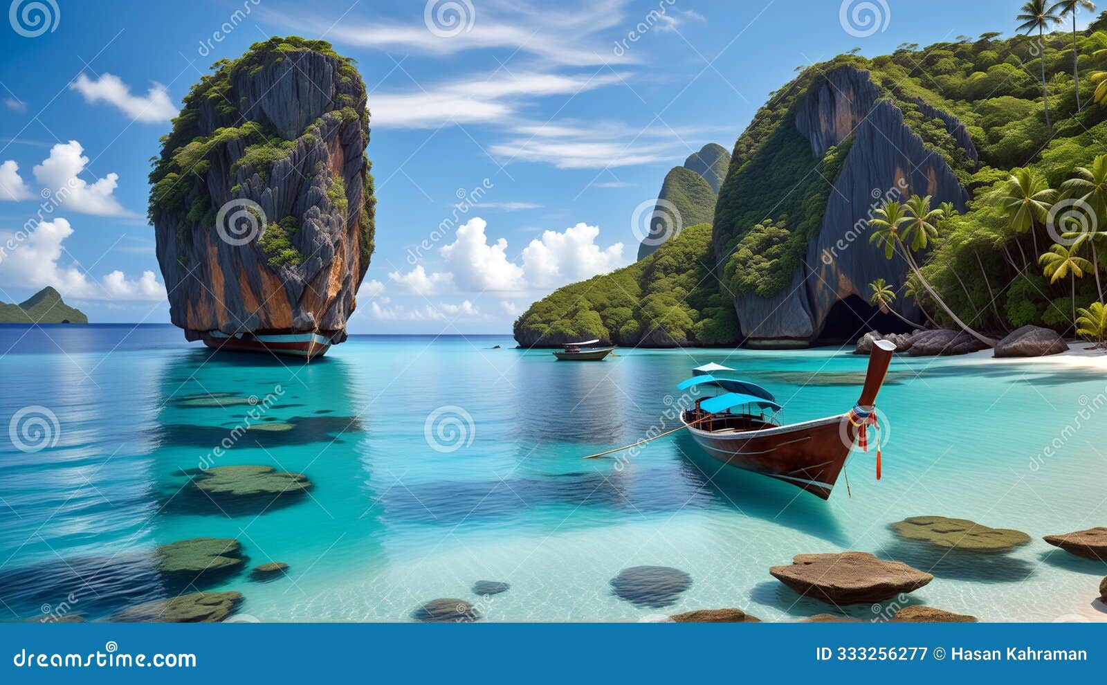 Beach with Palm Trees, Boat on the Beach Stock Image - Image of ...