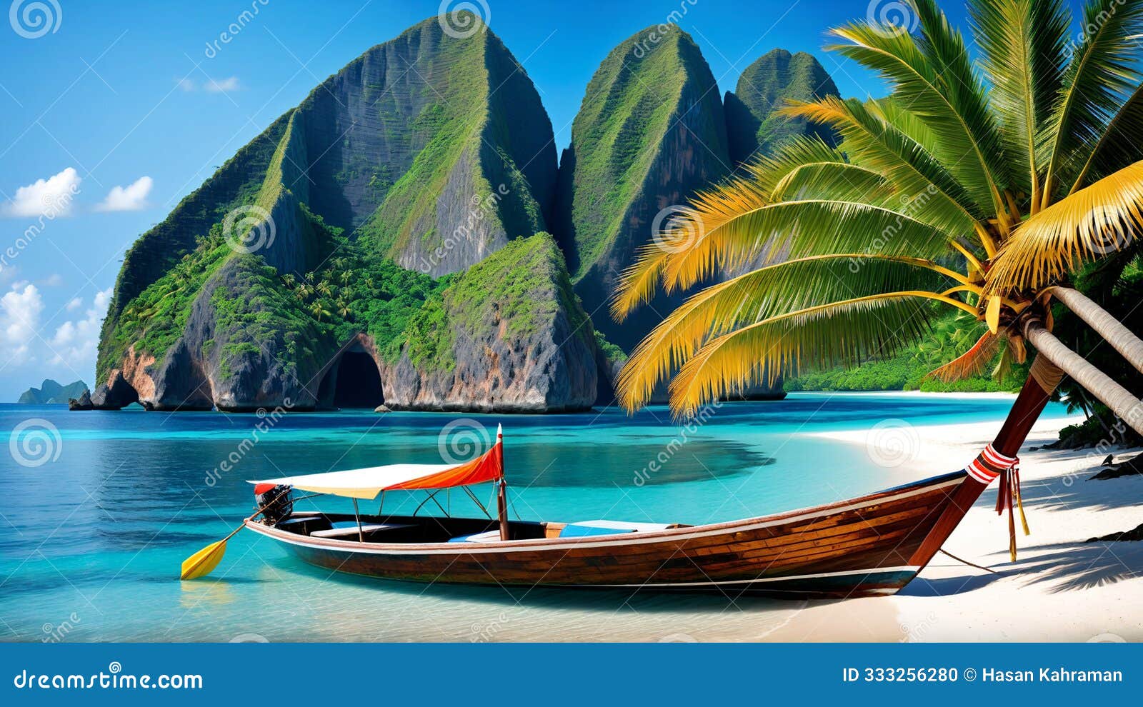 Beach with Palm Trees, Boat on the Beach Stock Photo - Image of islet ...