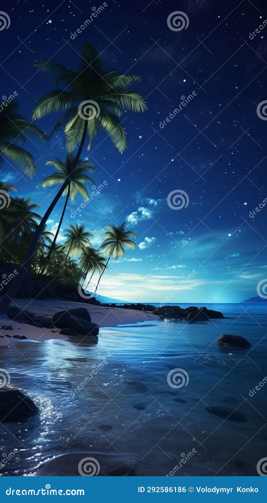 A Beach with Palm Trees and the Ocean at Night Stock Illustration ...