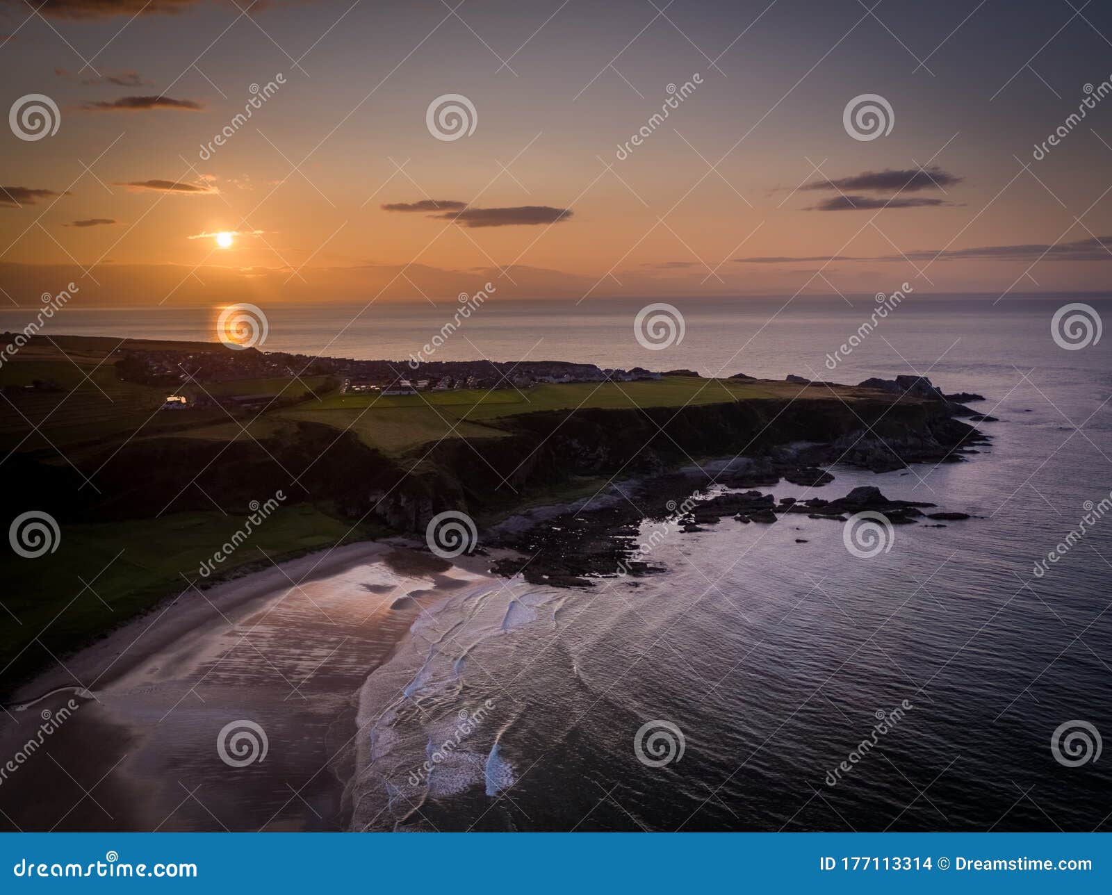 Aerial Drone Photo Cullen Beach Scotland at Sunset Stock Photo - Image ...
