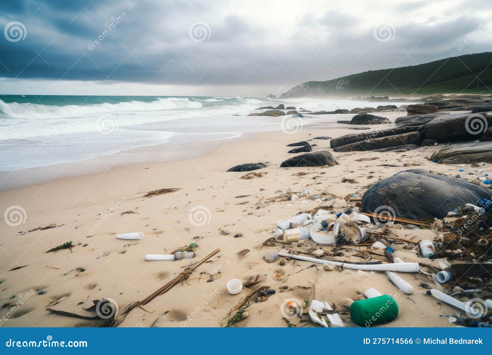 Beach Polluted With Garbage, Litter And Plastic Waste, Generative AI ...