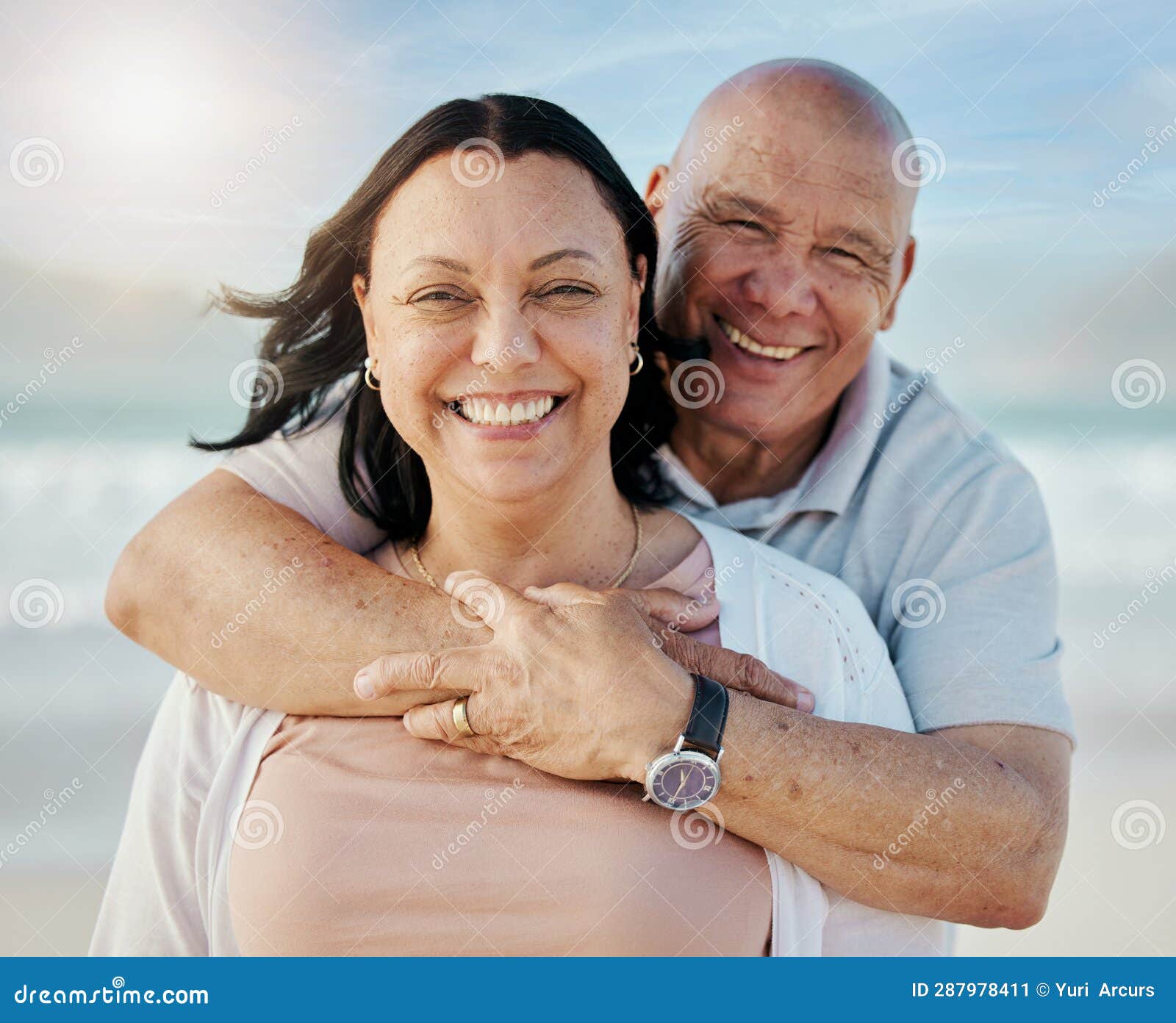 Beach Portrait And Senior Couple Hug With Happy Care And Freedom In