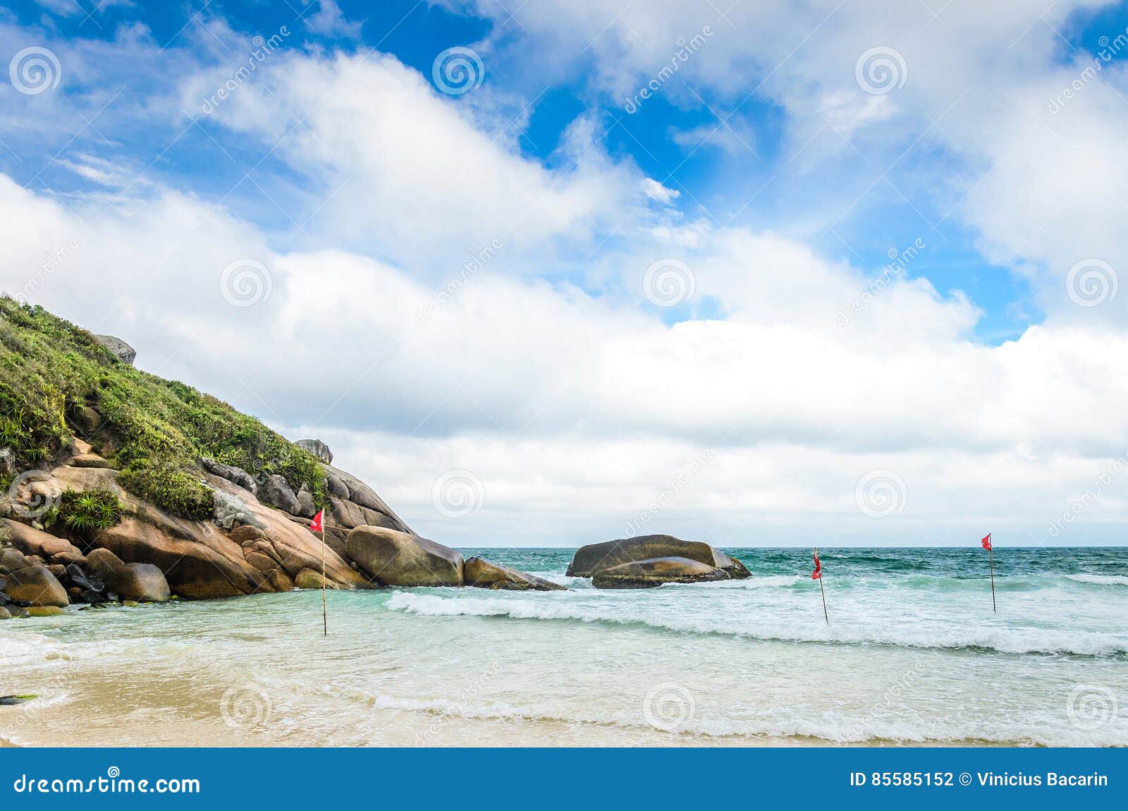 Beach with Red Flags Warning of Rough Sea. Stock Photo - Image of ...