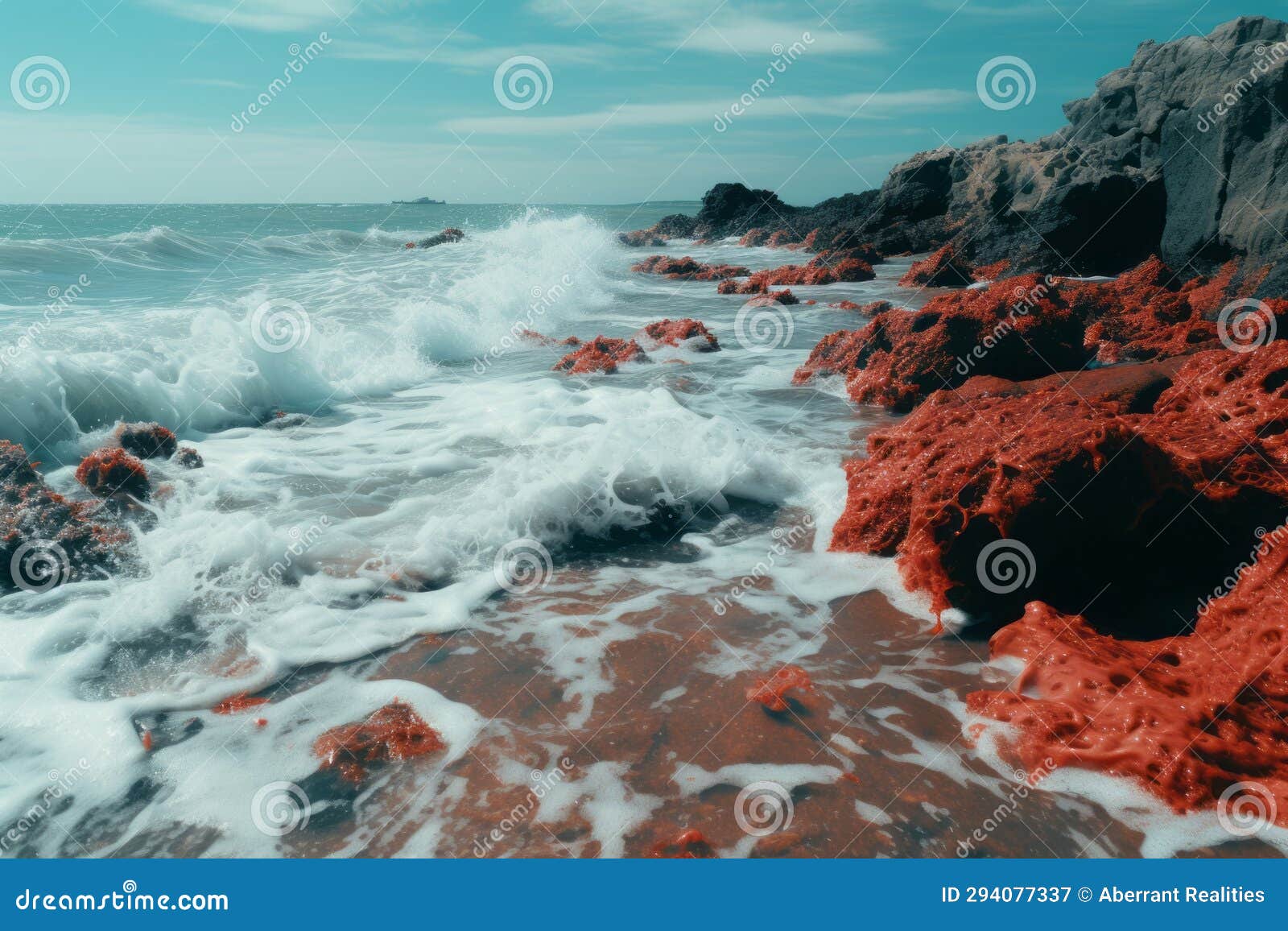 A Beach with Red Rocks and Water Stock Illustration - Illustration of ...