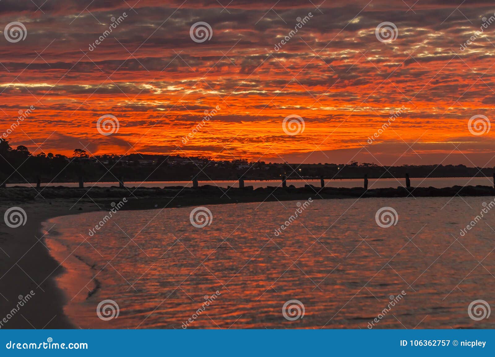 Beach with a Red Sky at Sunset Stock Image - Image of beautiful ...