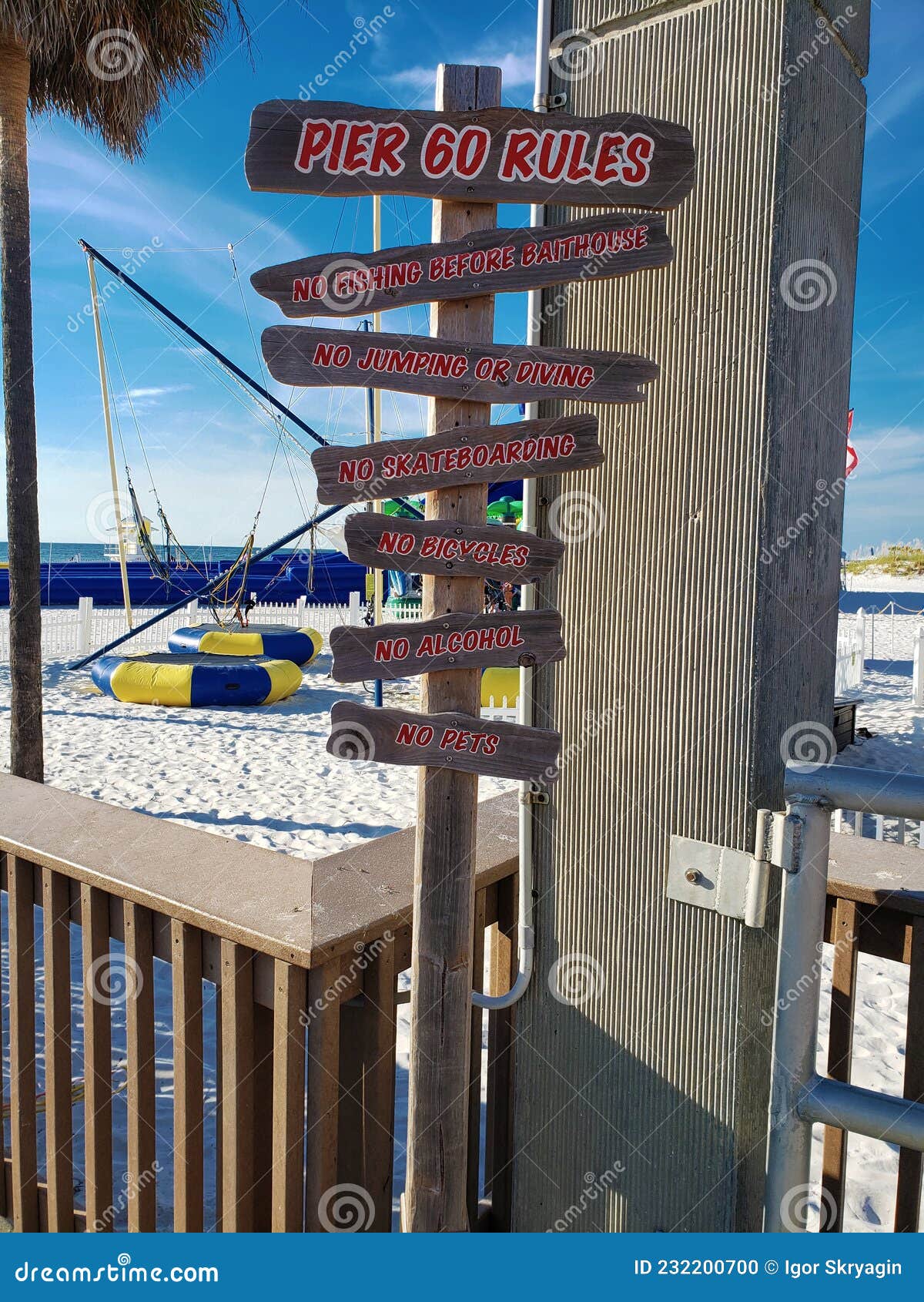 Beach Rules Sign on a Beach Pier by the Ocean Stock Photo - Image of ...