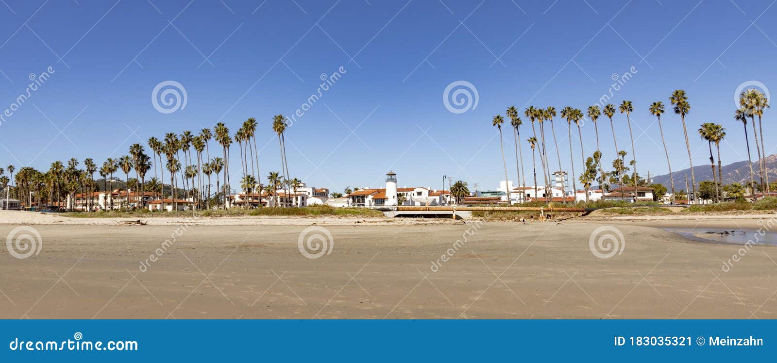 Beach at Santa Barbara with Palm Trees and Old Lighthouse Stock Image ...