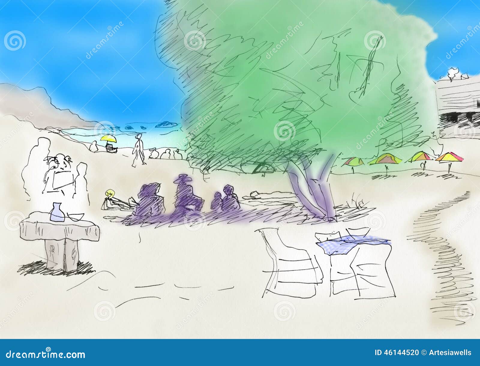 Beach Scene Doodle Sketch Color Stock Illustration - Illustration of ...