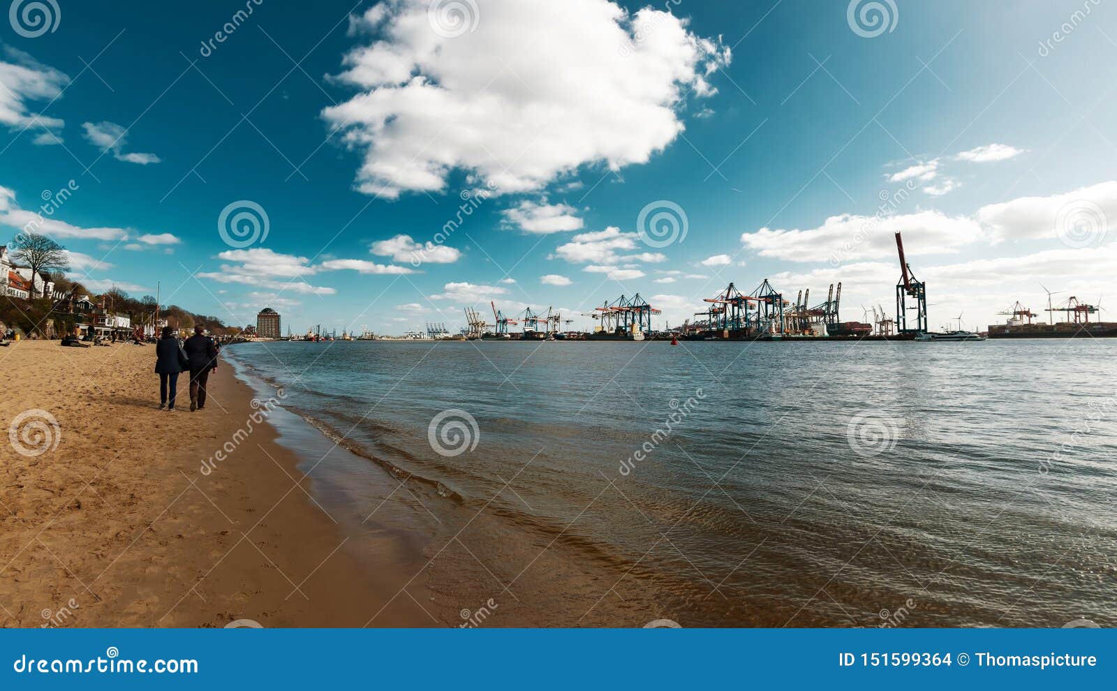 Beach Scene at the Elbe with Container Harbor in Hamburg. Editorial ...