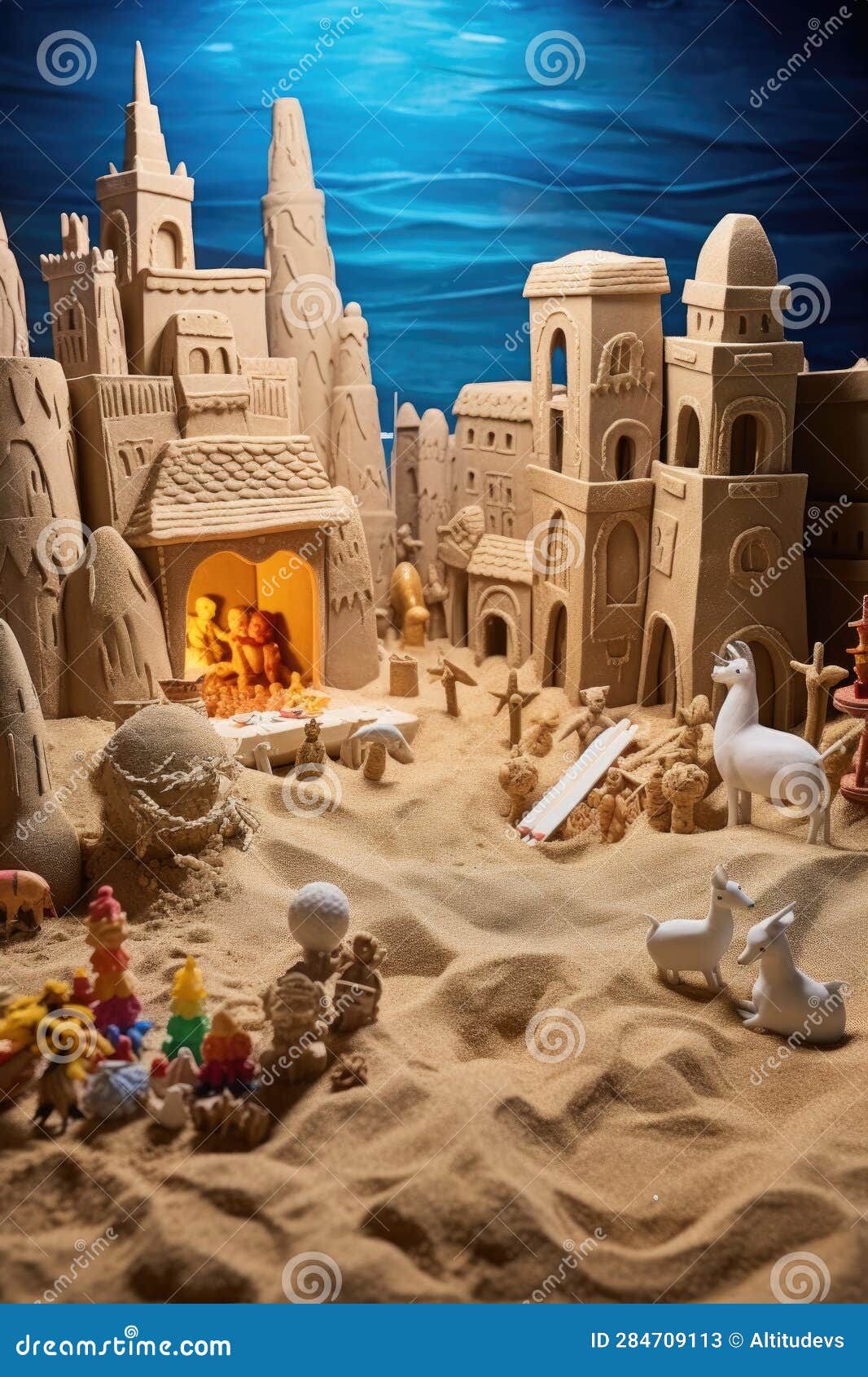 Beach Scene with Holiday-themed Sand Sculptures and Decorations Stock ...
