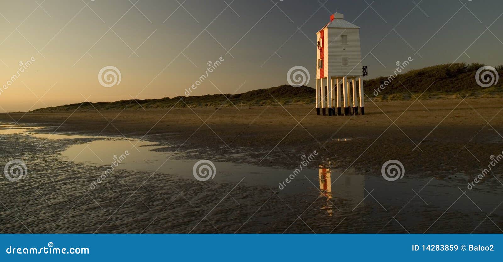 Beach Scene with Lighthouse Stock Image - Image of reflection ...