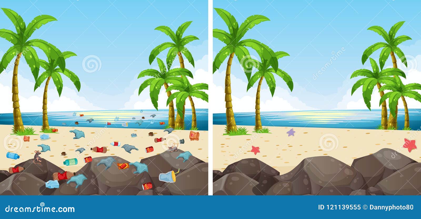Beach Scene Pollution and Cleaned Stock Vector - Illustration of trash ...