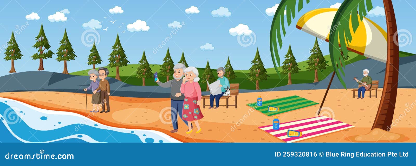 Beach Scene with Senior People on Vacation Stock Vector - Illustration ...