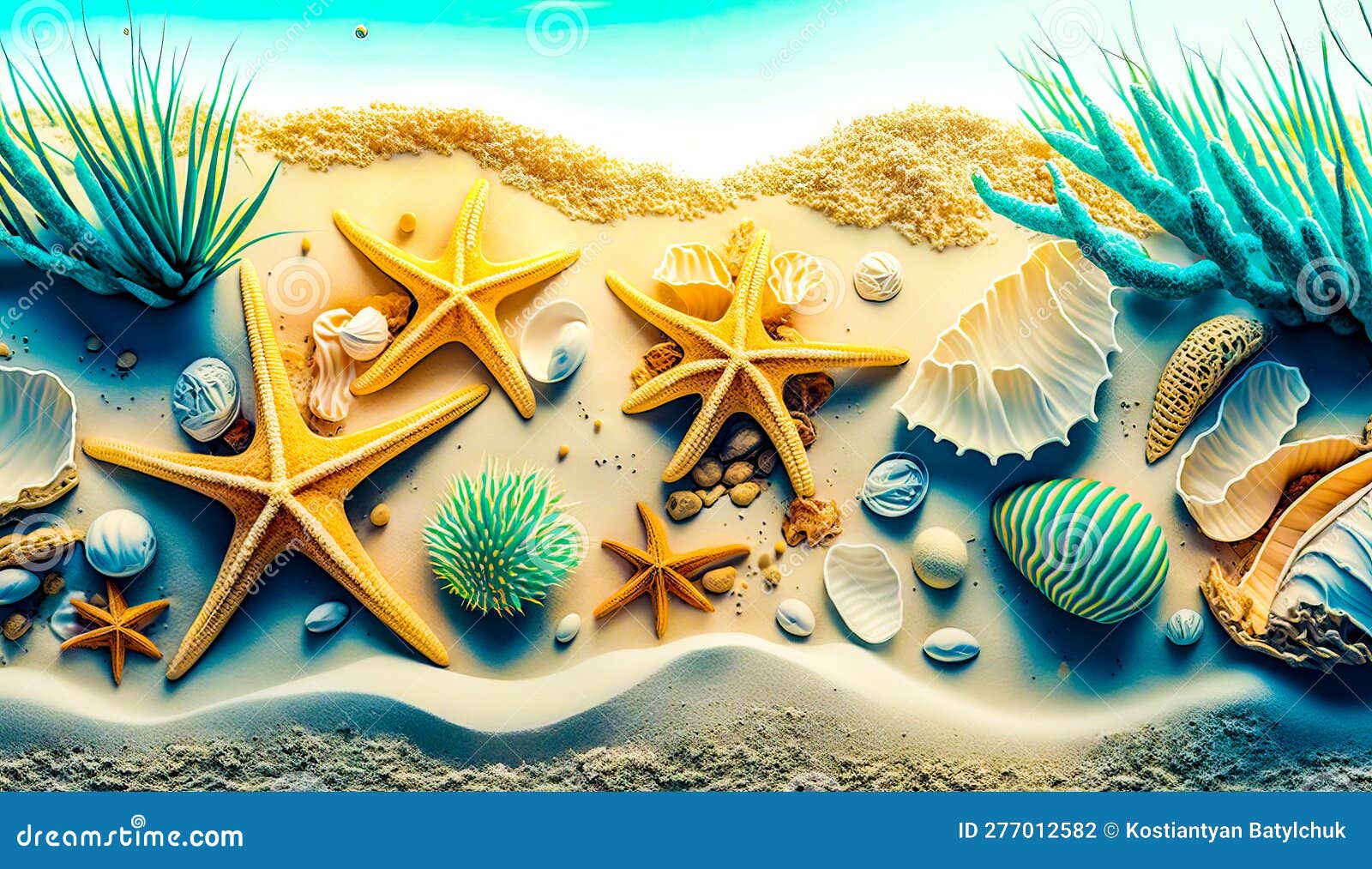 Beach Scene with Starfish, Seashells, and Seashells. Generative AI ...