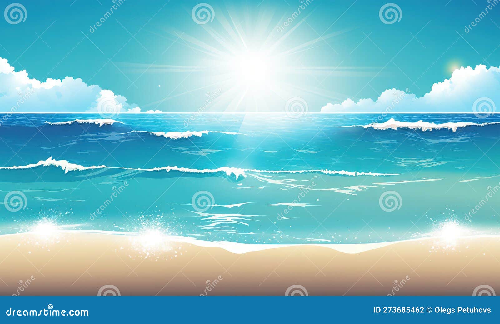 A Beach Scene with the Sun Shining Over the Ocean and Waves Stock ...