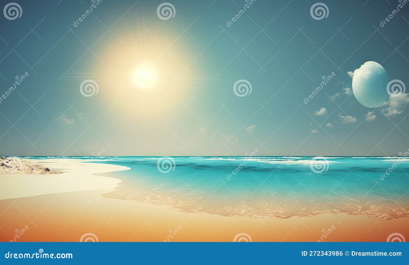 A Beach Scene with the Sun Shining Over the Water and Sand Stock ...