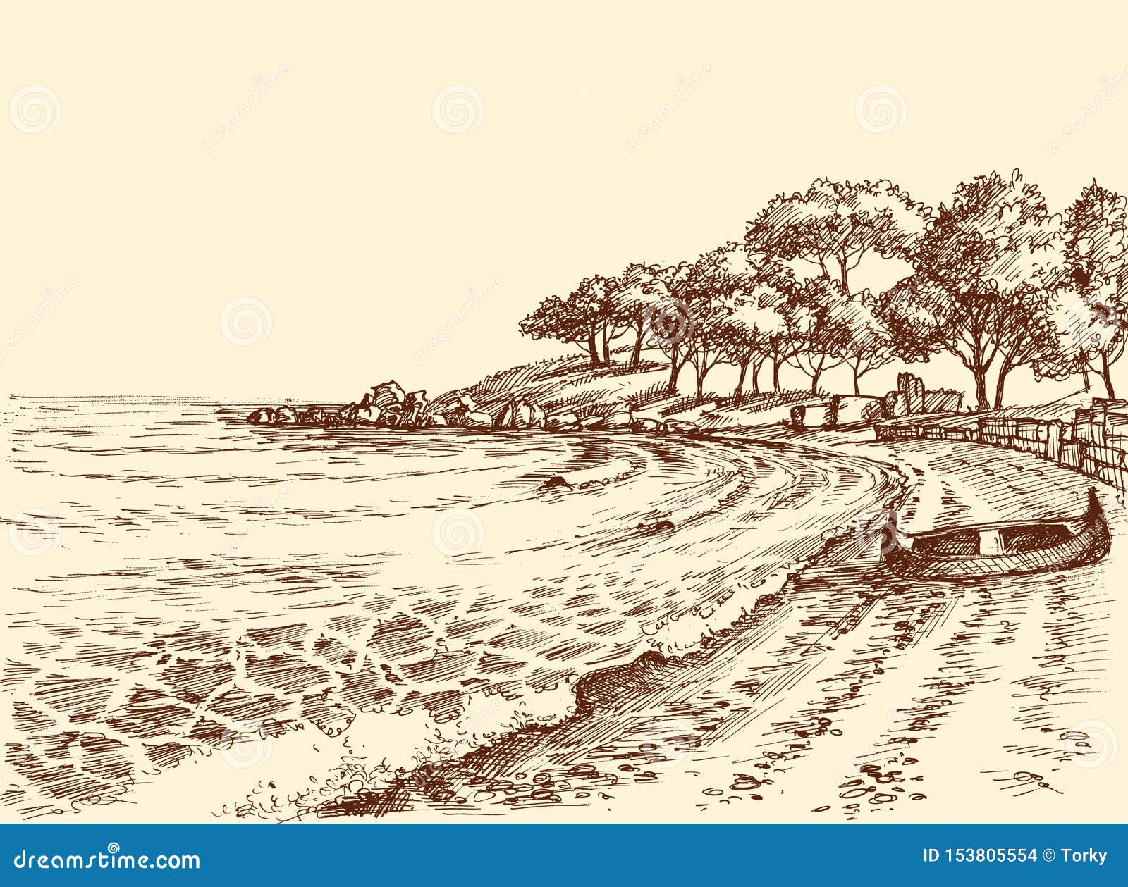 Beach, Sea and a Boat on Shore Landscape Stock Vector - Illustration of ...