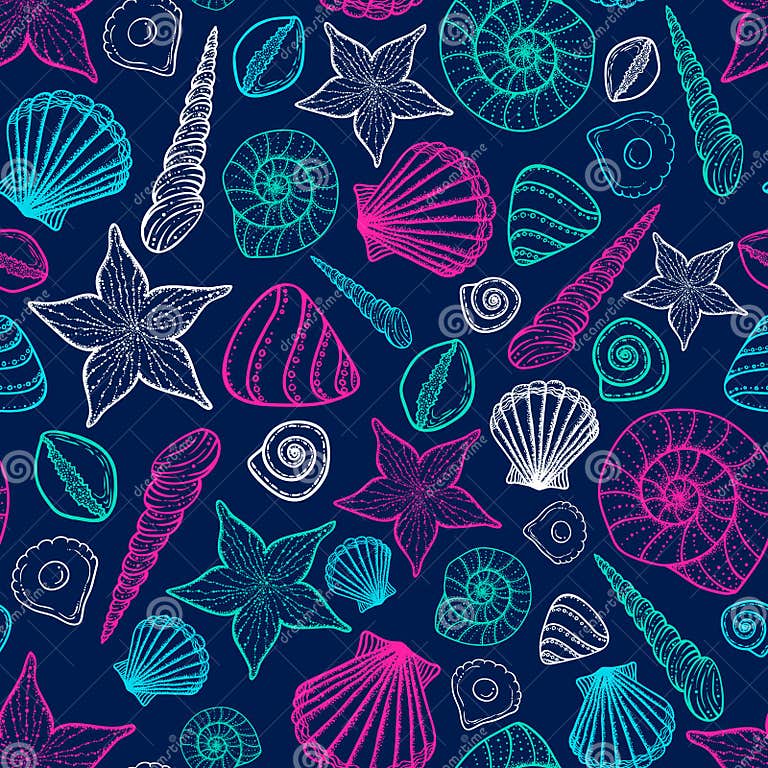 Beach Seashell Pattern. Vector Seamless Pattern with Seashells Doodle ...