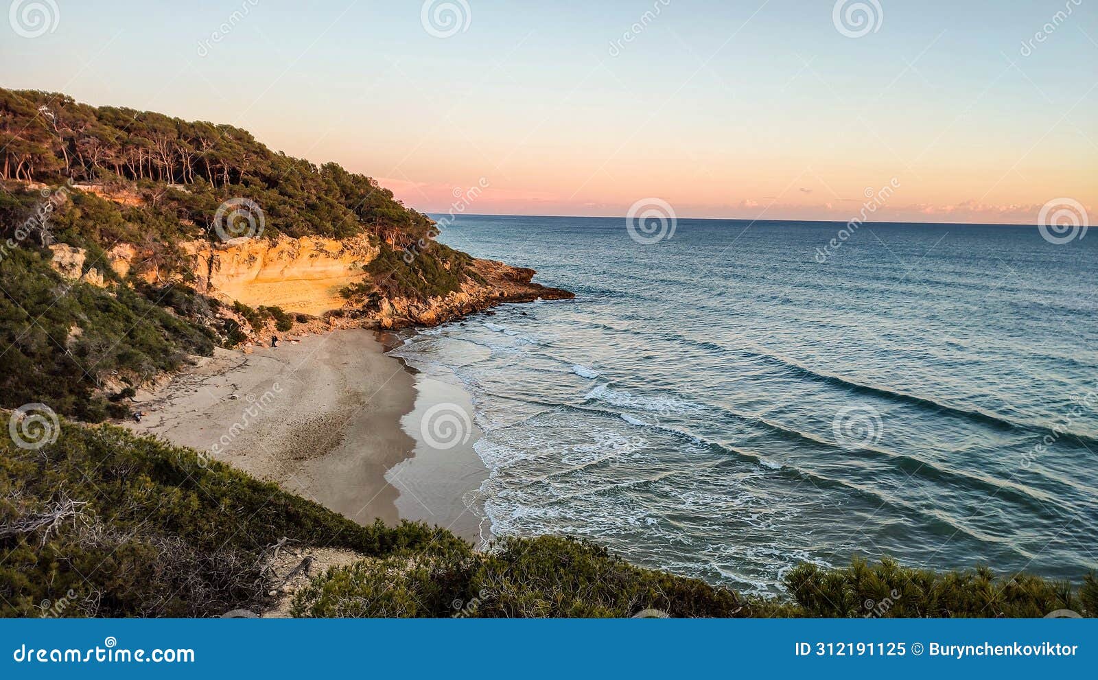 Beach on the Seashore Surrounded by a High Slope with Growing Trees and ...