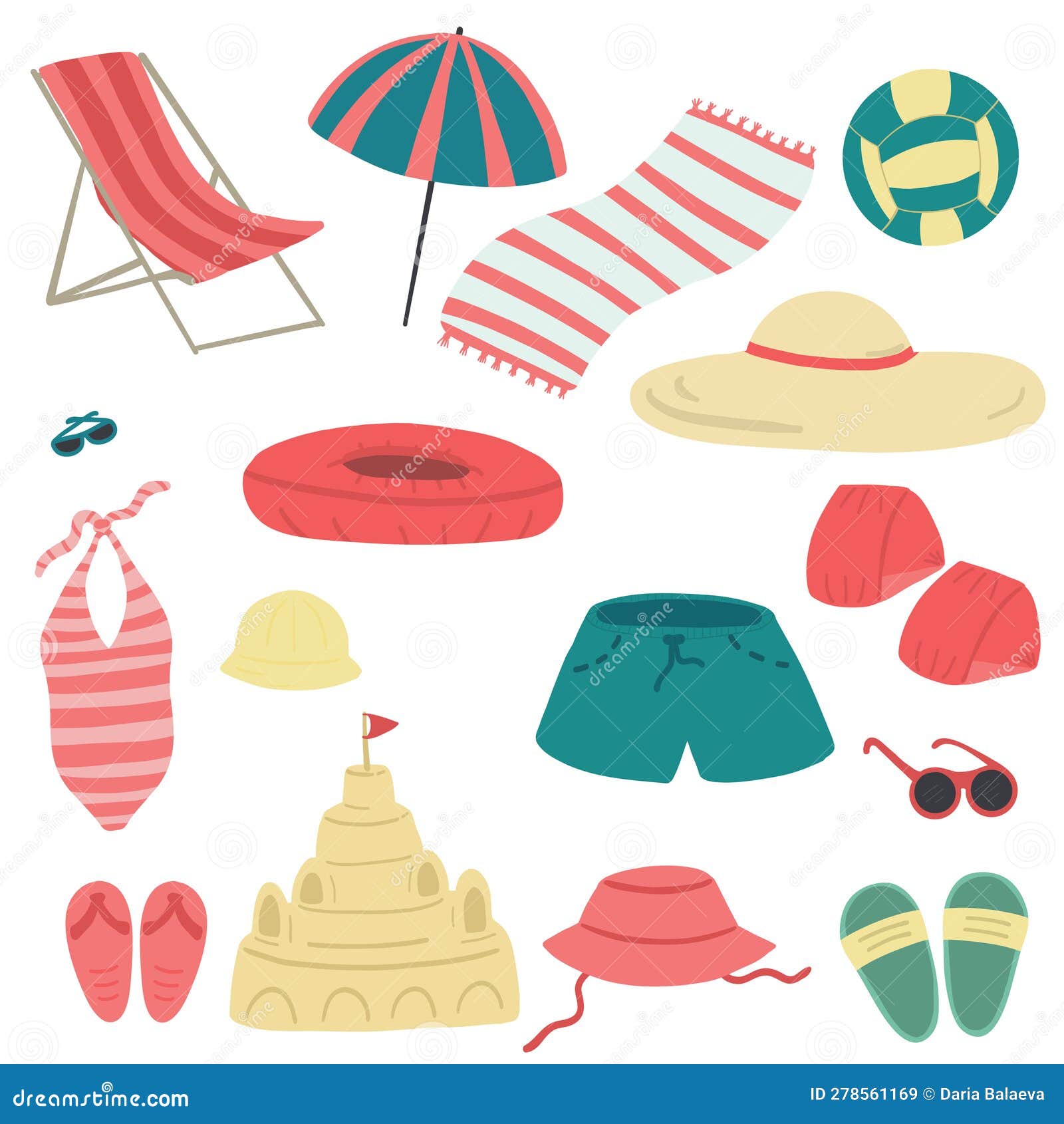 Beach Set Summer Vector Hand Drawn Stock Vector - Illustration of fashion, relax: 278561169