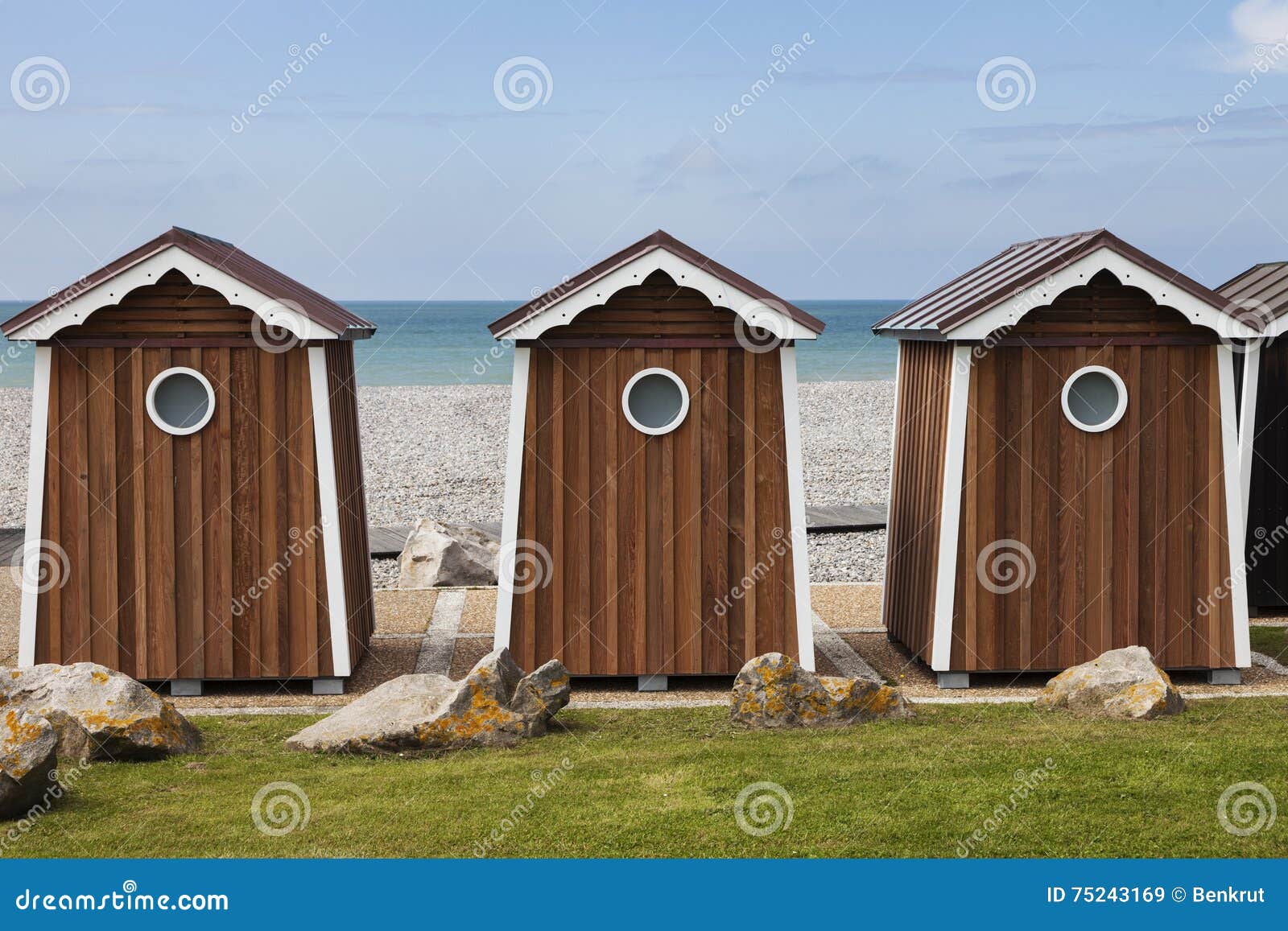 Beach shed in Normandy stock image. Image of panorama - 75243169