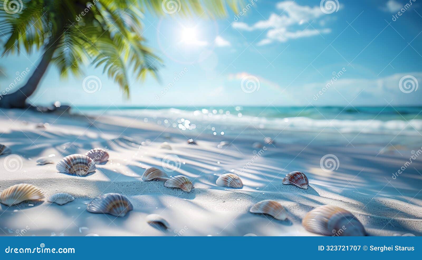 A Beach with Shells on the Sand and a Palm Tree, AI Stock Image - Image ...