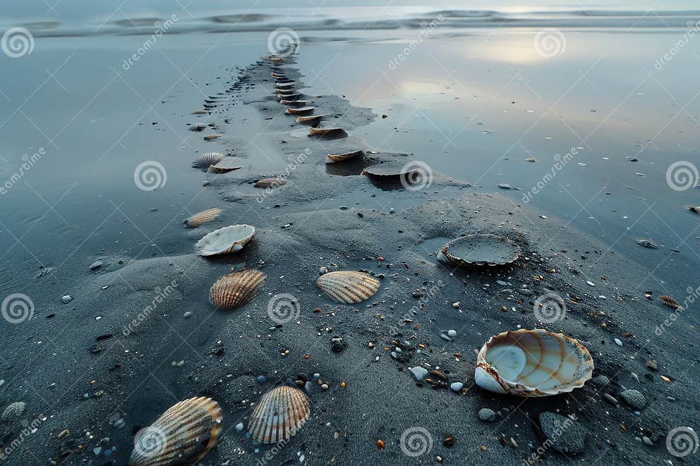A Beach with Shells Scattered Across the Sand Stock Photo - Image of ...