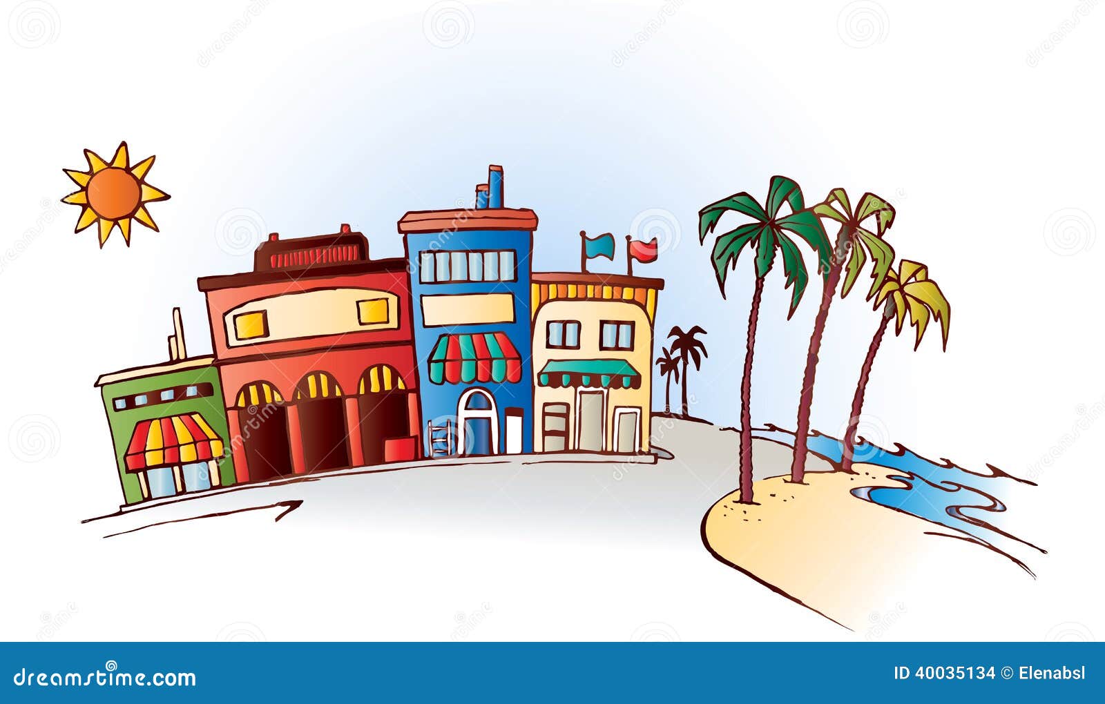 Beach with shops stock vector. Illustration of palm, ocean - 40035134