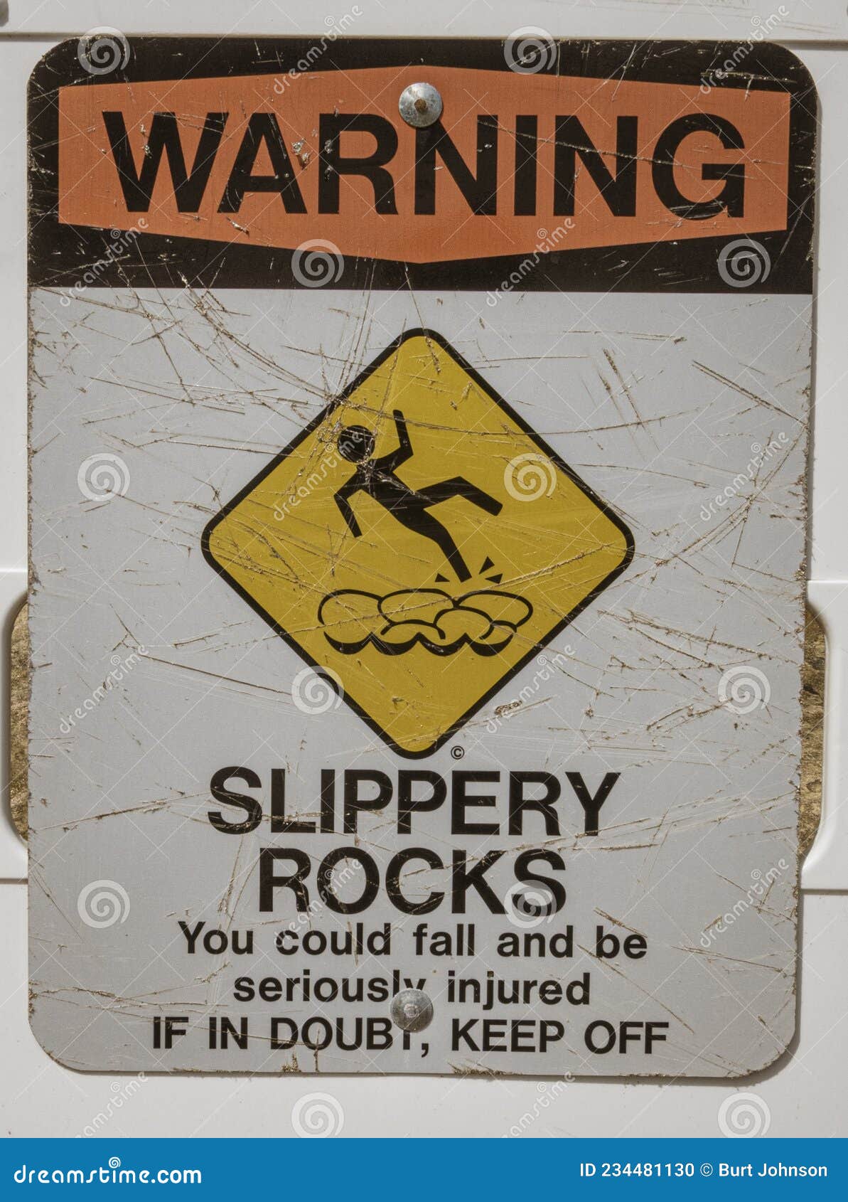 Beach Sign - Warning Slippery Rocks Stock Photo - Image of pacific ...