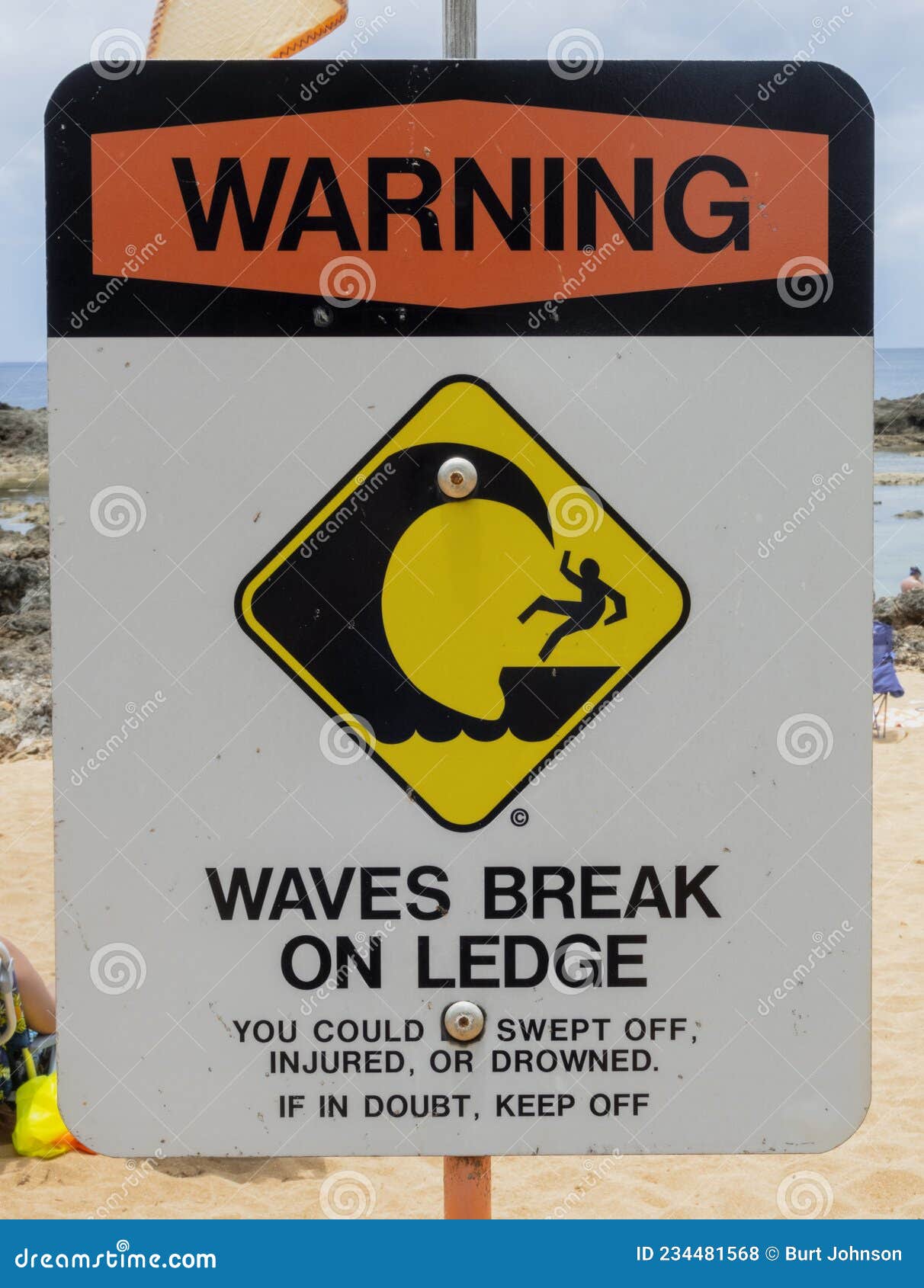 Beach Sign - Warning Waves Break on Ledge Stock Photo - Image of ...