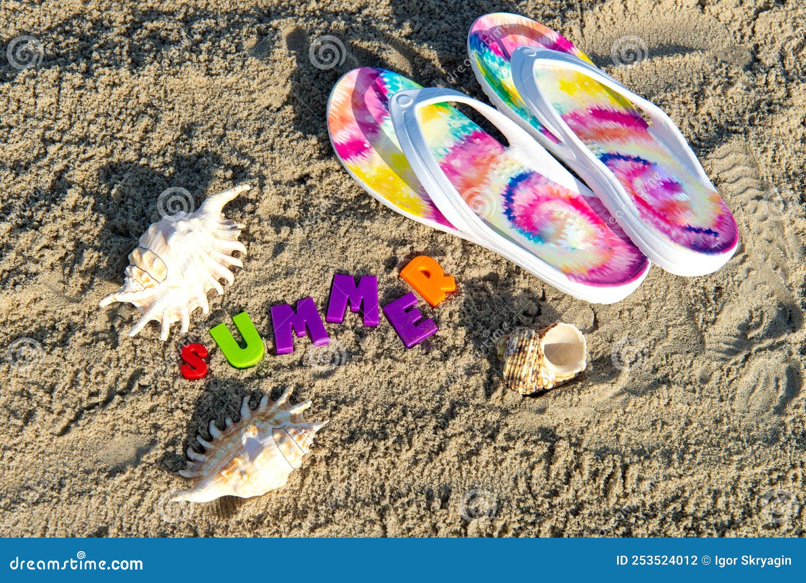 Beach Slippers on the Sand of the Beach, Shells and Letters SUMMER ...