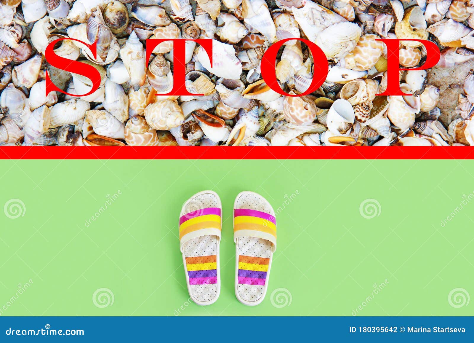 Beach Slippers Slates in Front of a Red Line with Shells and the Word ...