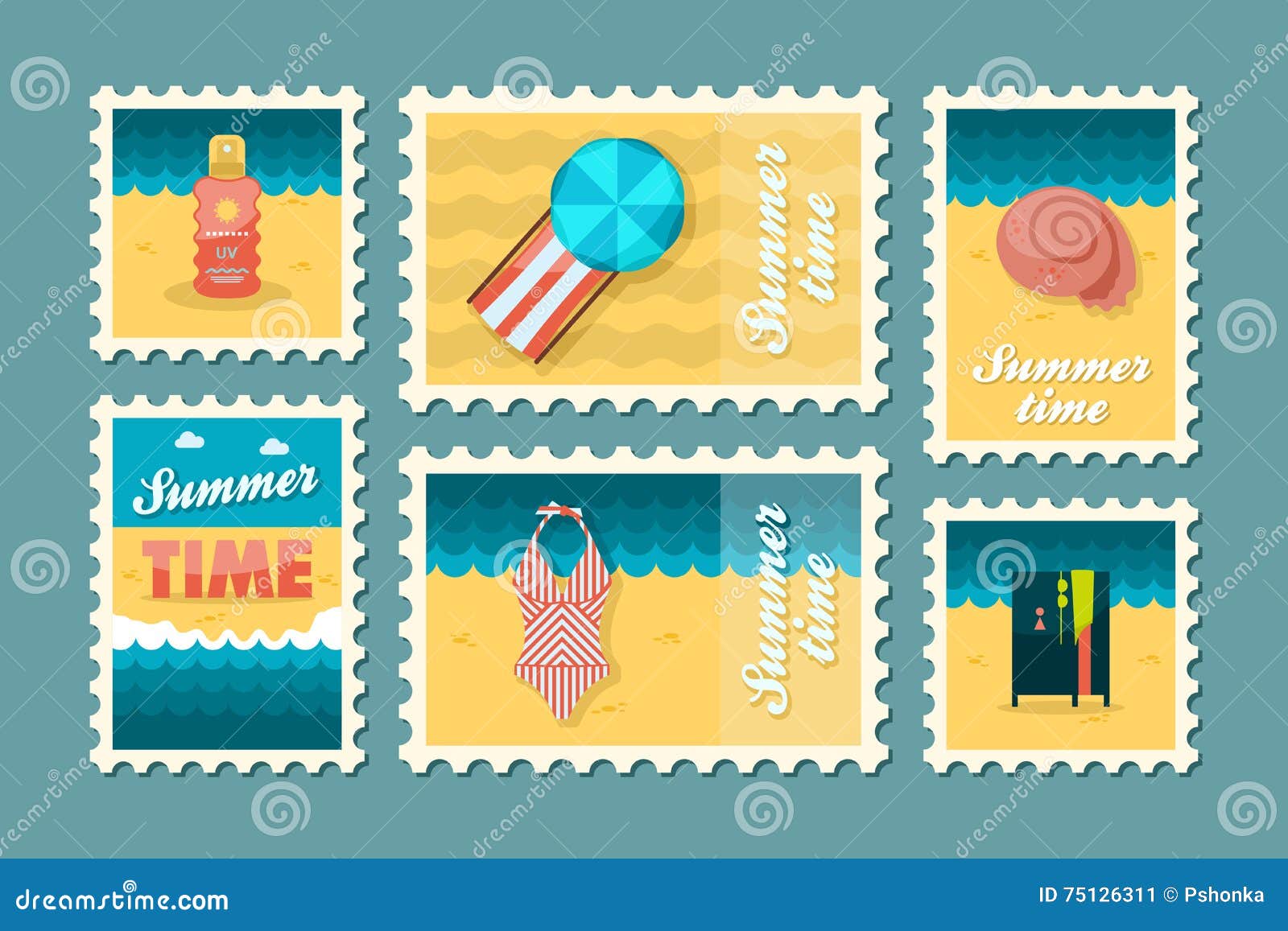 Beach Stamp Set. Summer. Vacation Stock Illustration - Illustration of ...