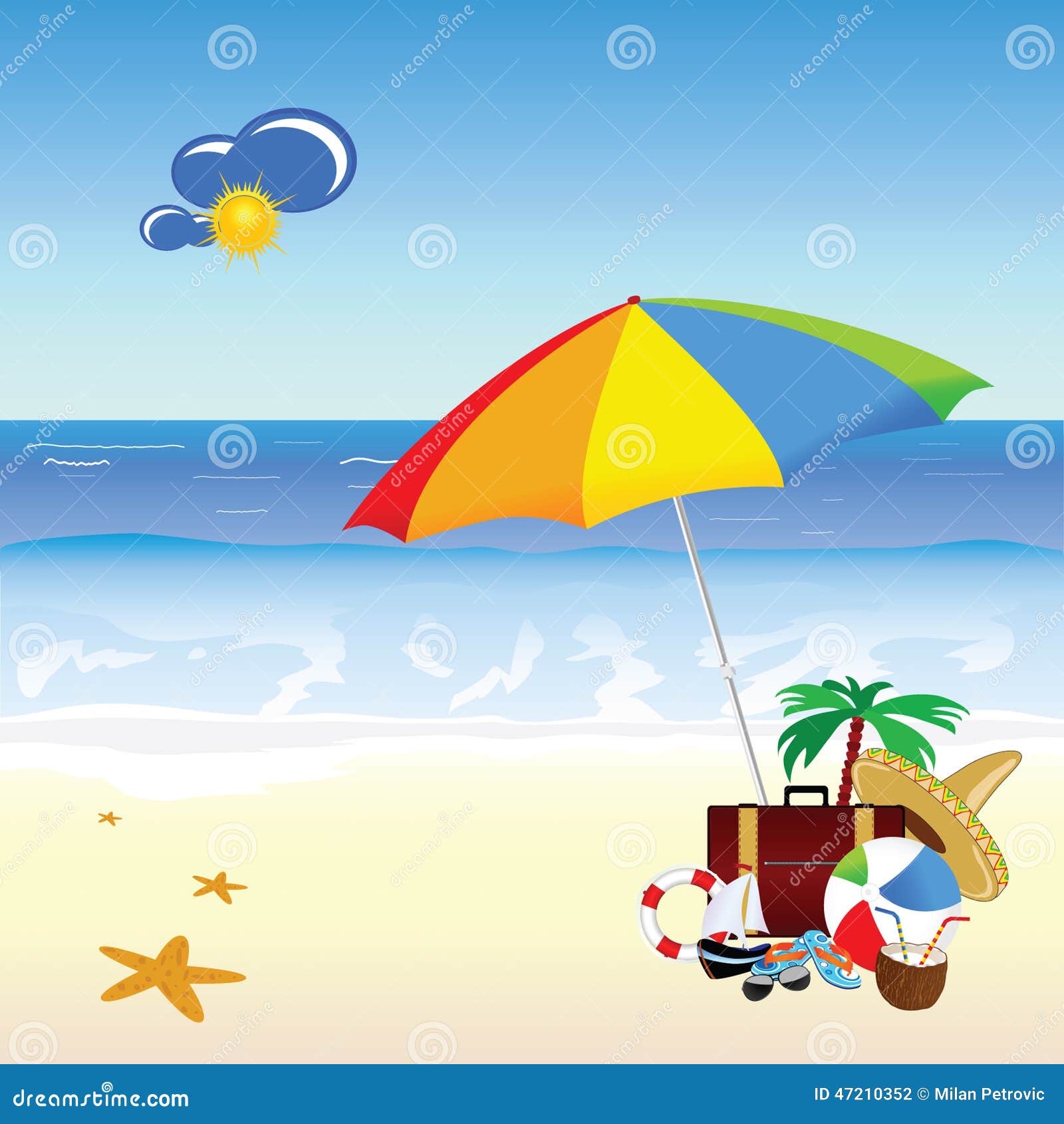 Beach with Stuff Art Vector Illustration Stock Vector - Illustration of ...