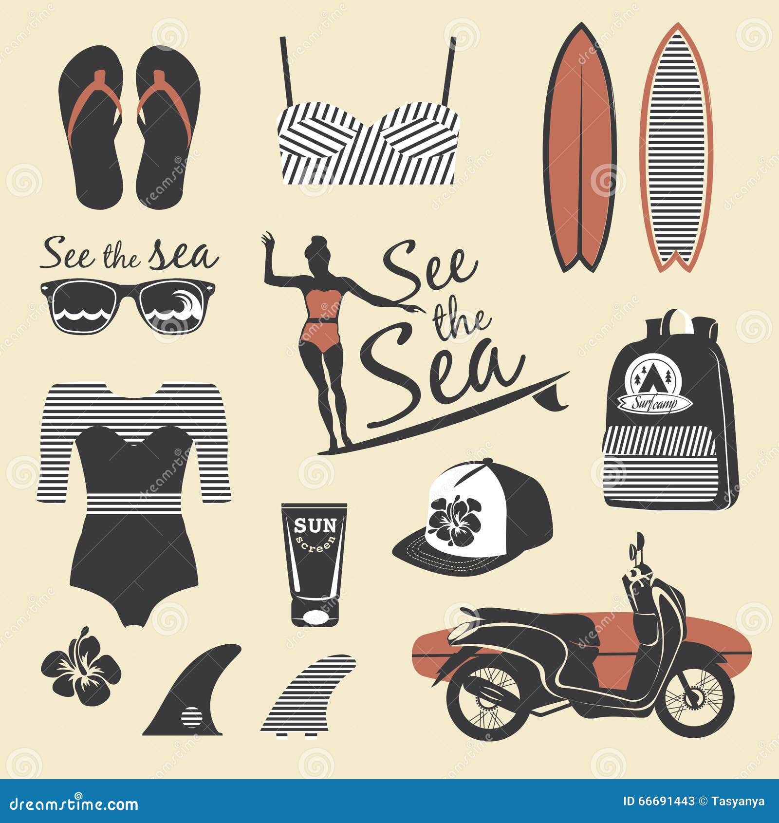 Beach Style. Surfer Girl Retro Vector Set Stock Vector - Illustration ...