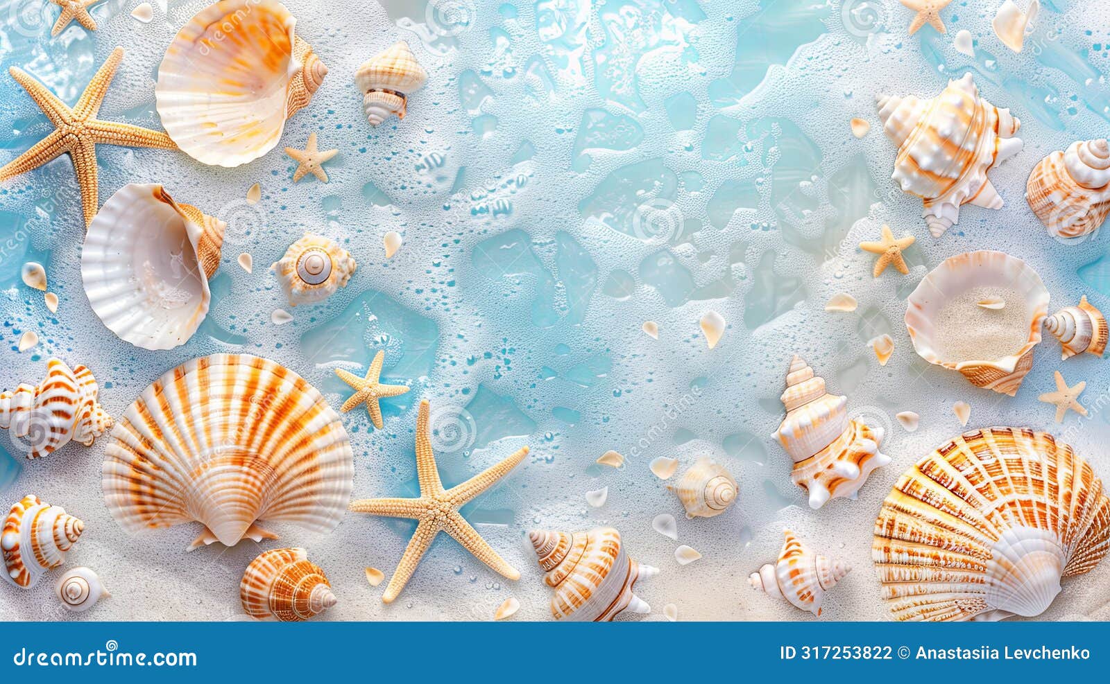 Beach Summer Background with Seashells and Blue Water Stock ...