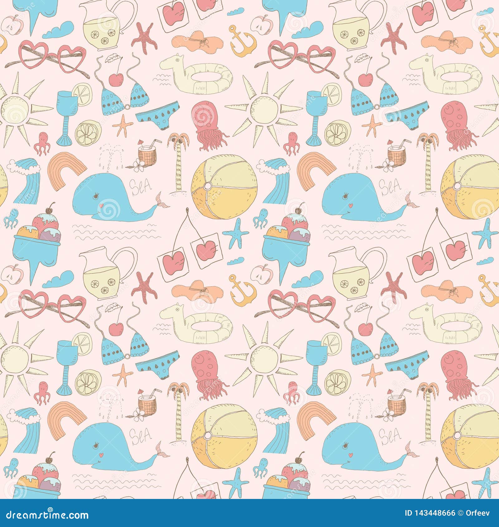 Beach Summer Hand Drawn Doodle Vector Seamless Pattern Stock Vector ...