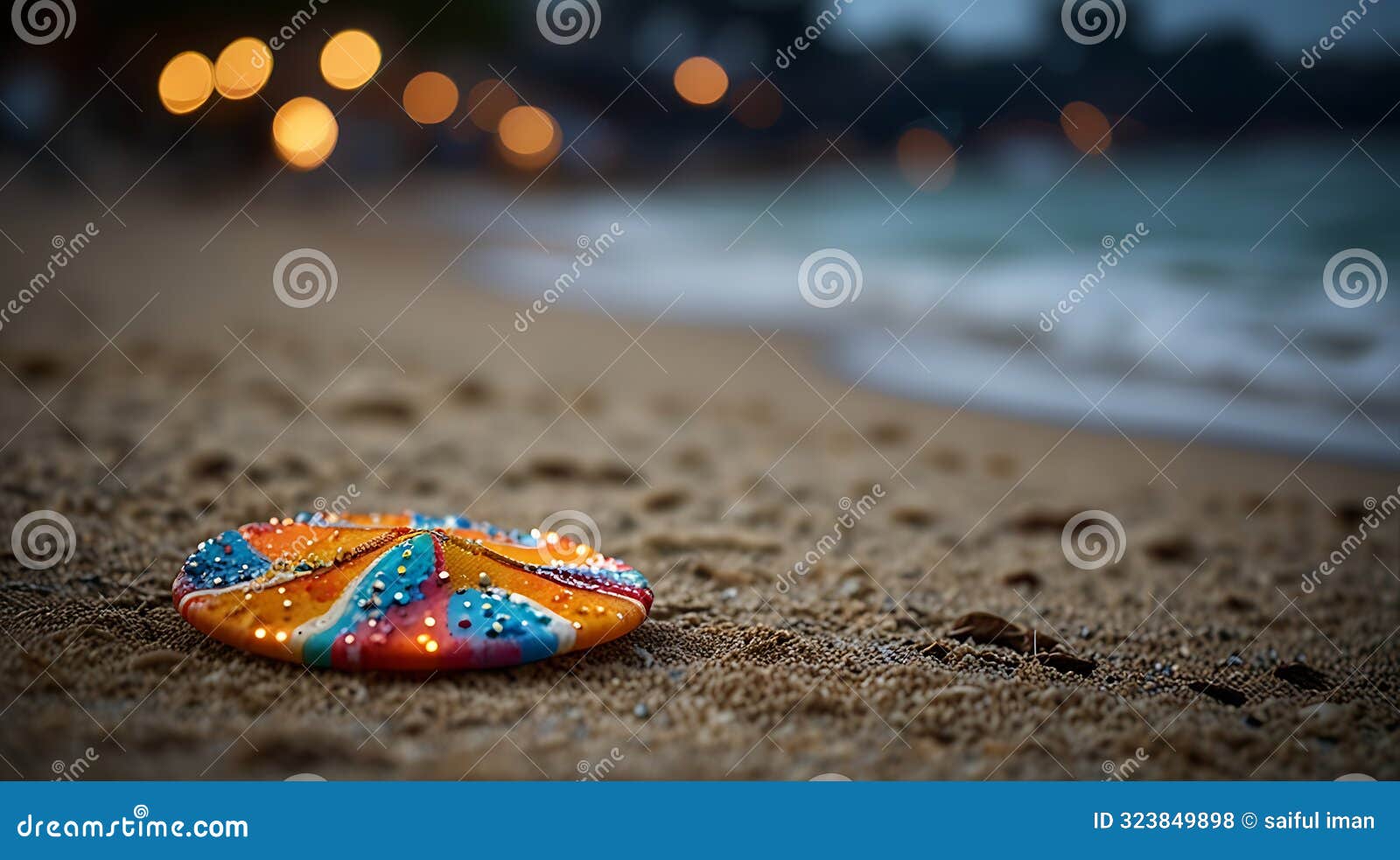 A Colorful Disc Lying on a Sandy Beach with Lights in the Background ...
