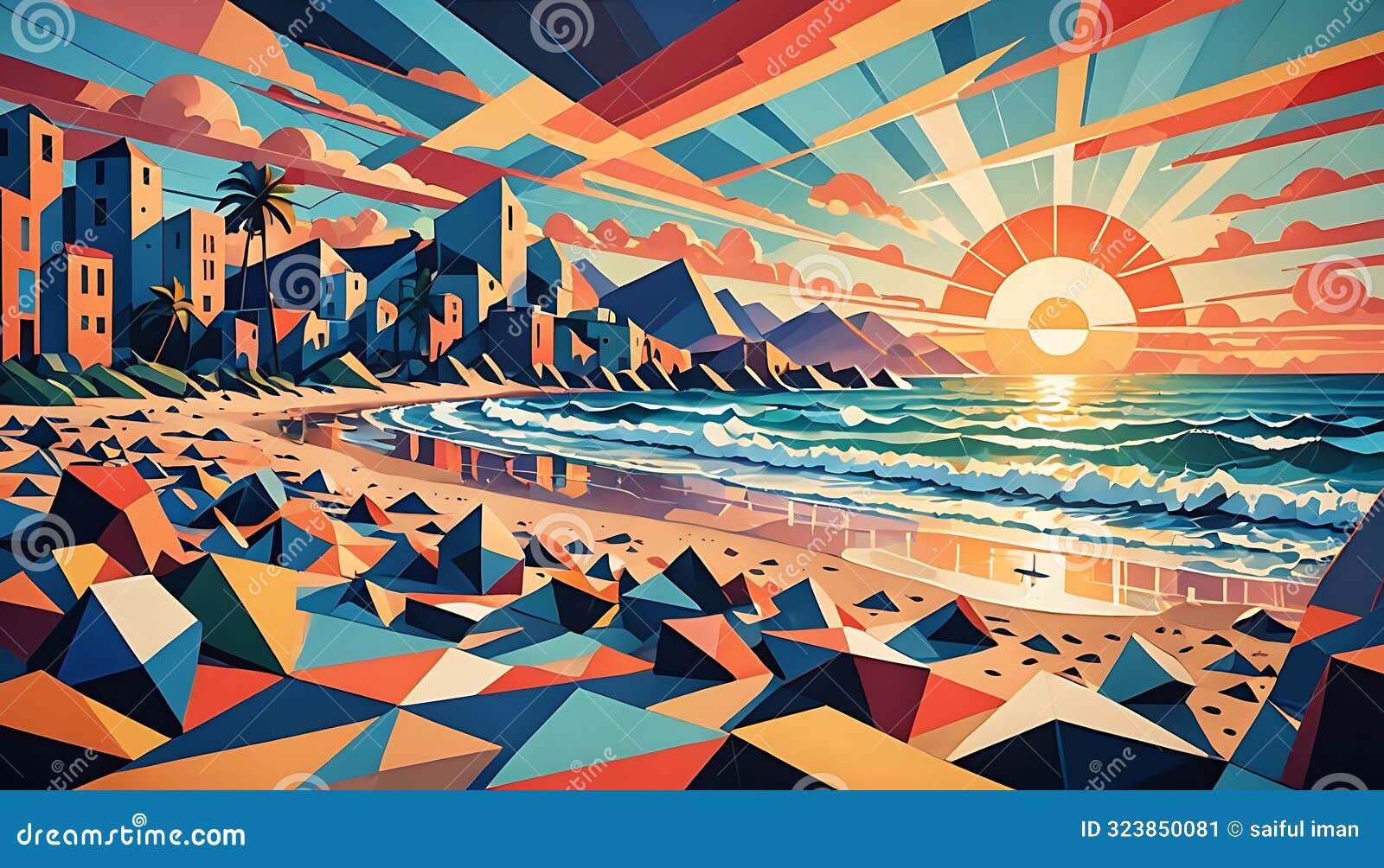 A Colorful, Geometric Painting of a Beach Scene with a Sunset Over the ...